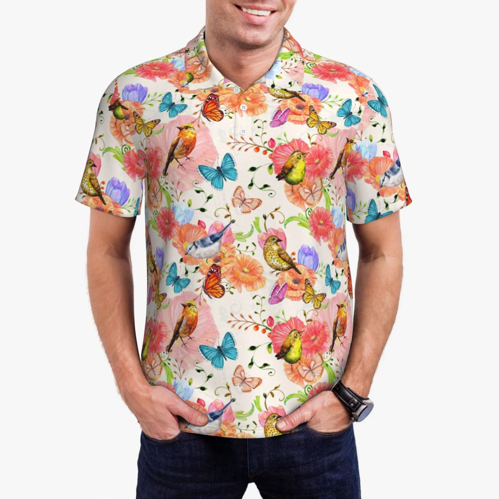 Susaid Flowers And Birds Watercolor Print Men's Short Sleeve Polo Shirt ...