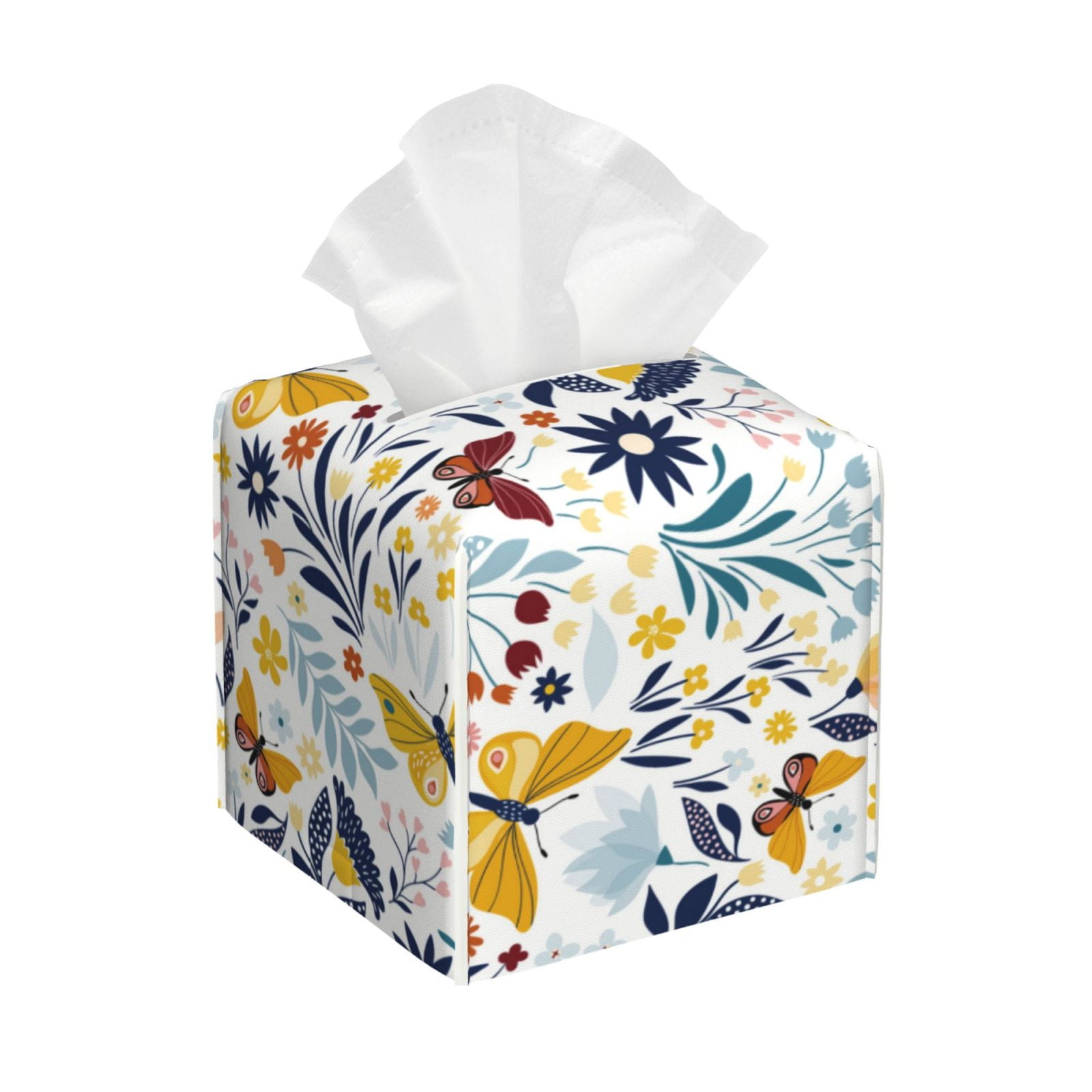 Susaid Flowers Butterfly Print PU Leather Tissue Box Cover, Square ...