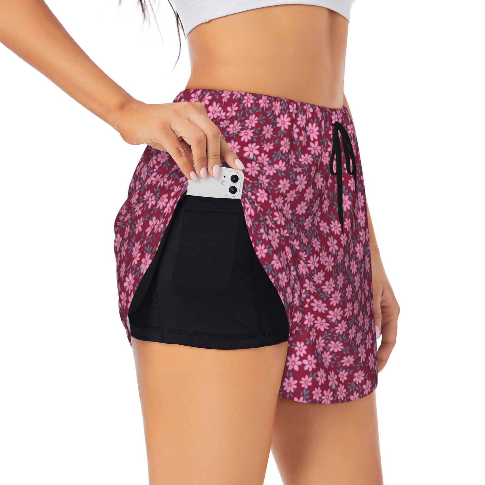 Susaid Flowers With Green Leaves Print Women's High Waisted Running Shorts Quick Dry Athletic ...