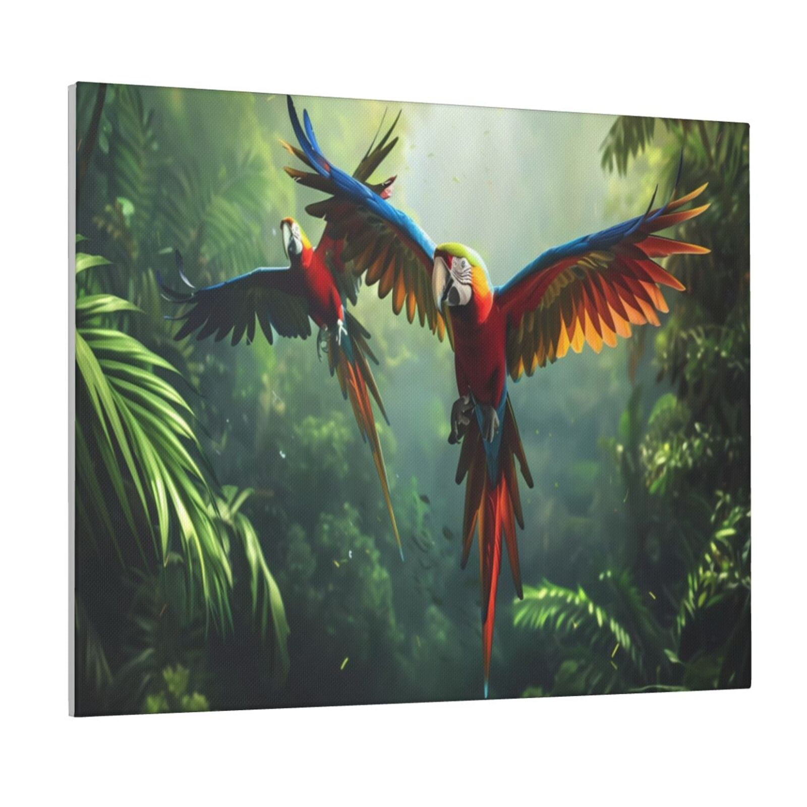 Susaid Flying Parrots In Jungle Pattern Canvas Wall Decor Poster Framed ...