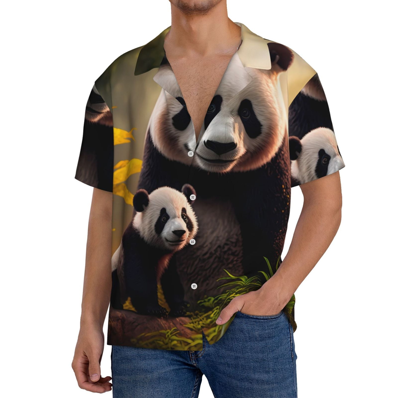 Susaid Forest Panda Print Men's Polo Shirts Button Down Short Sleeve ...