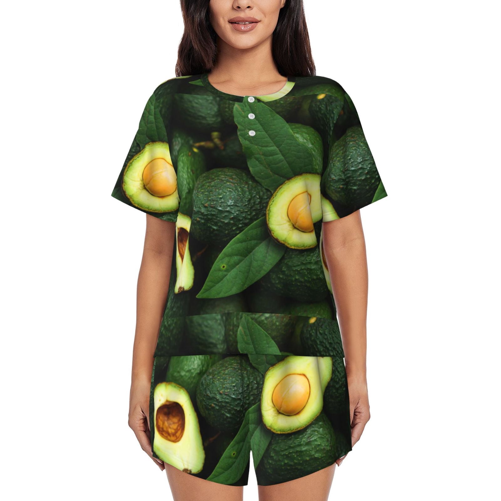 Susaid Fresh Avocados Print Women's Pajama Set, Button-Up Sleepwear ...