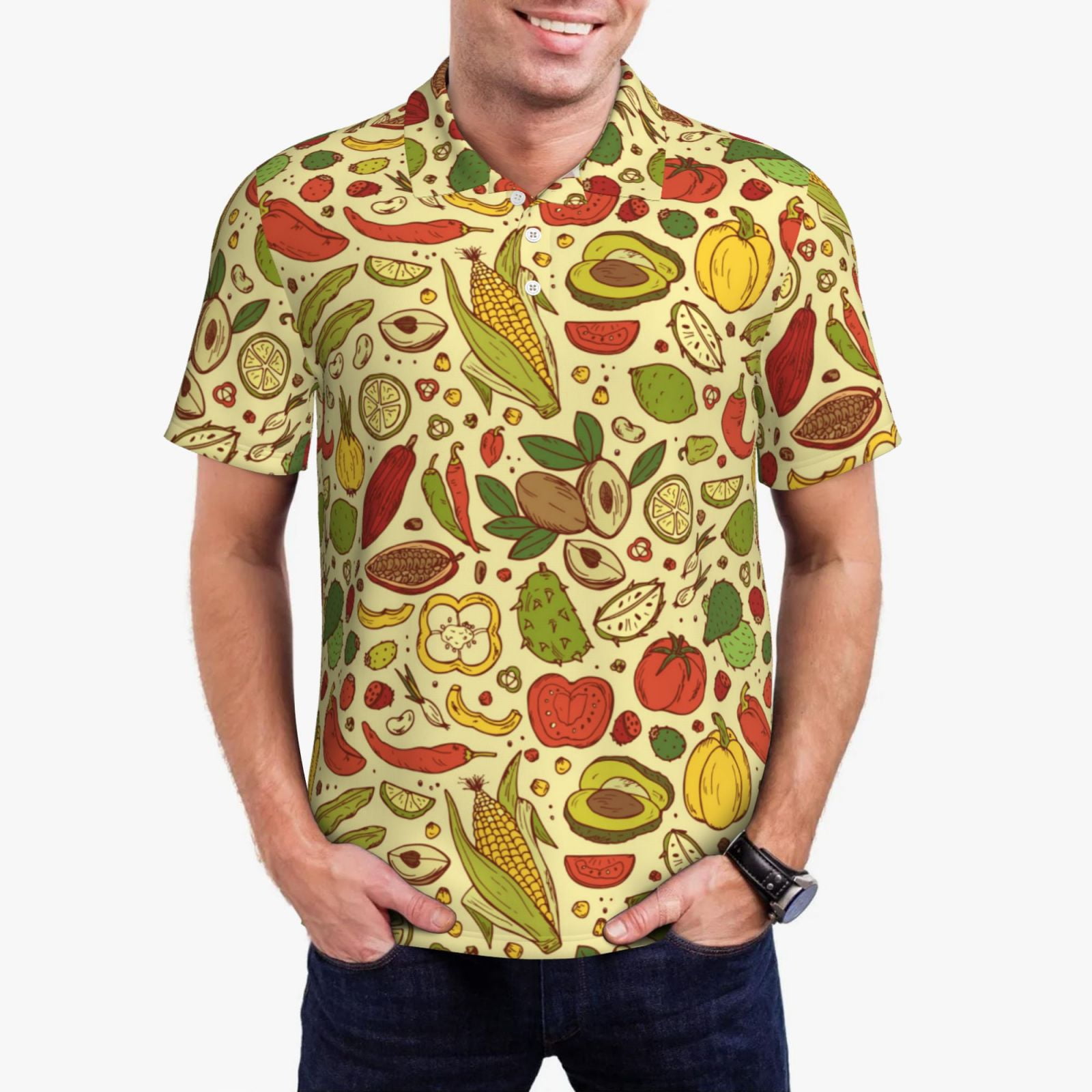 Susaid Fruits And Vegetables Print Men's Short Sleeve Polo Shirt, Golf ...