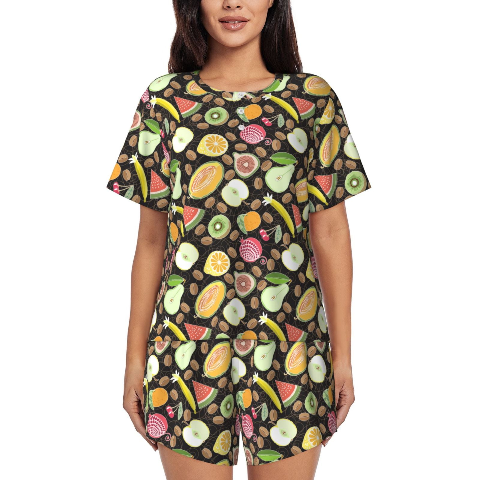 Susaid Fruits Print Women's Pajama Set, Button-Up Sleepwear with ...