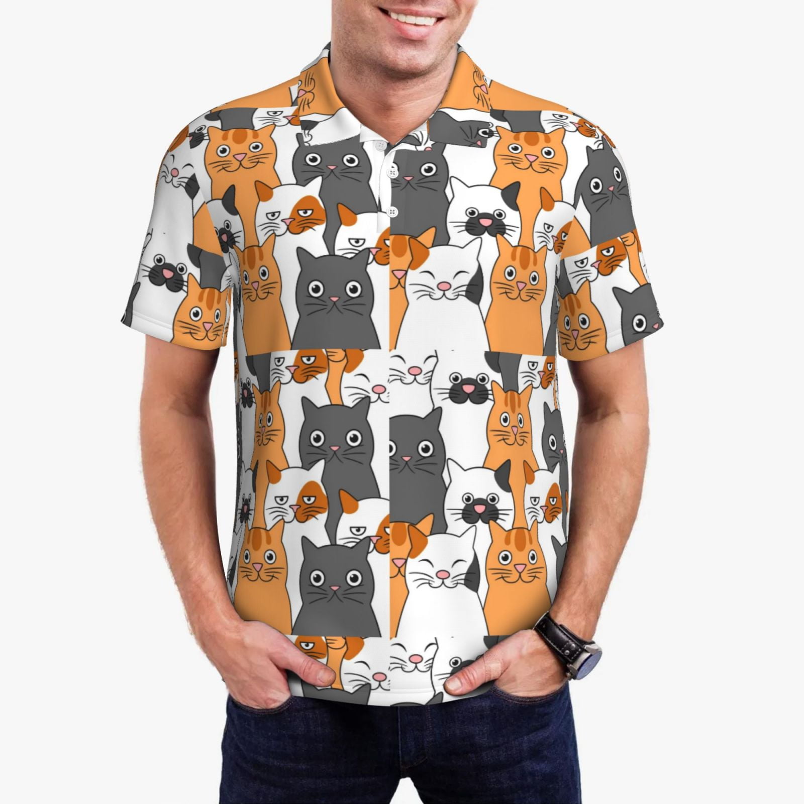Susaid Funny Cats Print Men's Short Sleeve Polo Shirt, Golf Shirts for ...