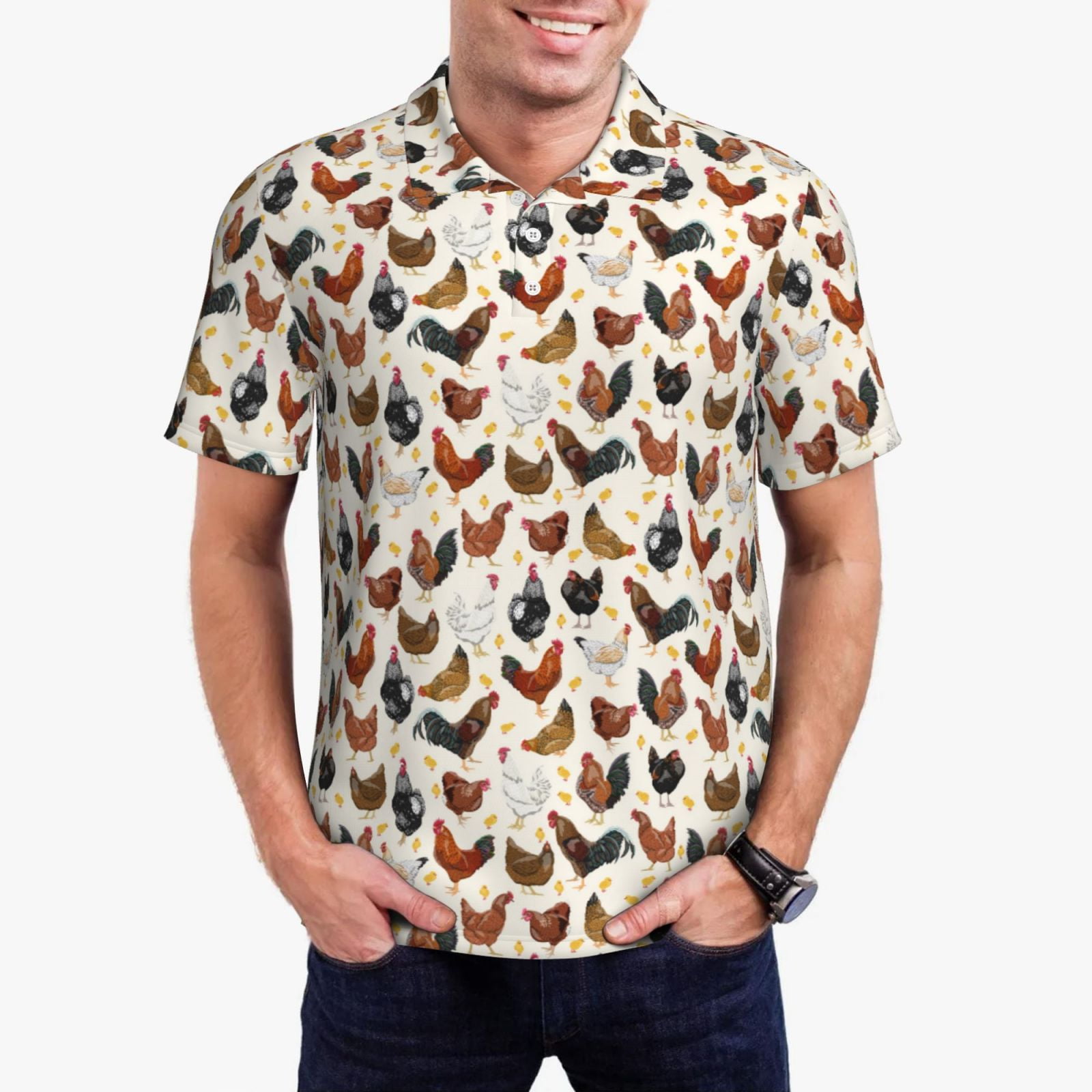 Susaid Funny Chicken Print Men's Short Sleeve Polo Shirt, Golf Shirts ...