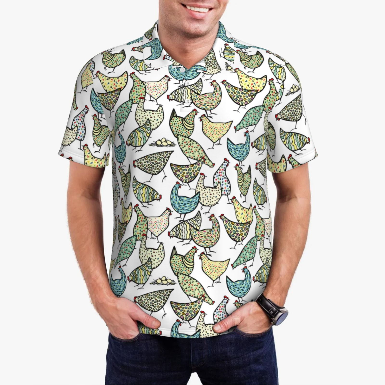 Susaid Funny Chicken Print Men's Short Sleeve Polo Shirt, Golf Shirts ...