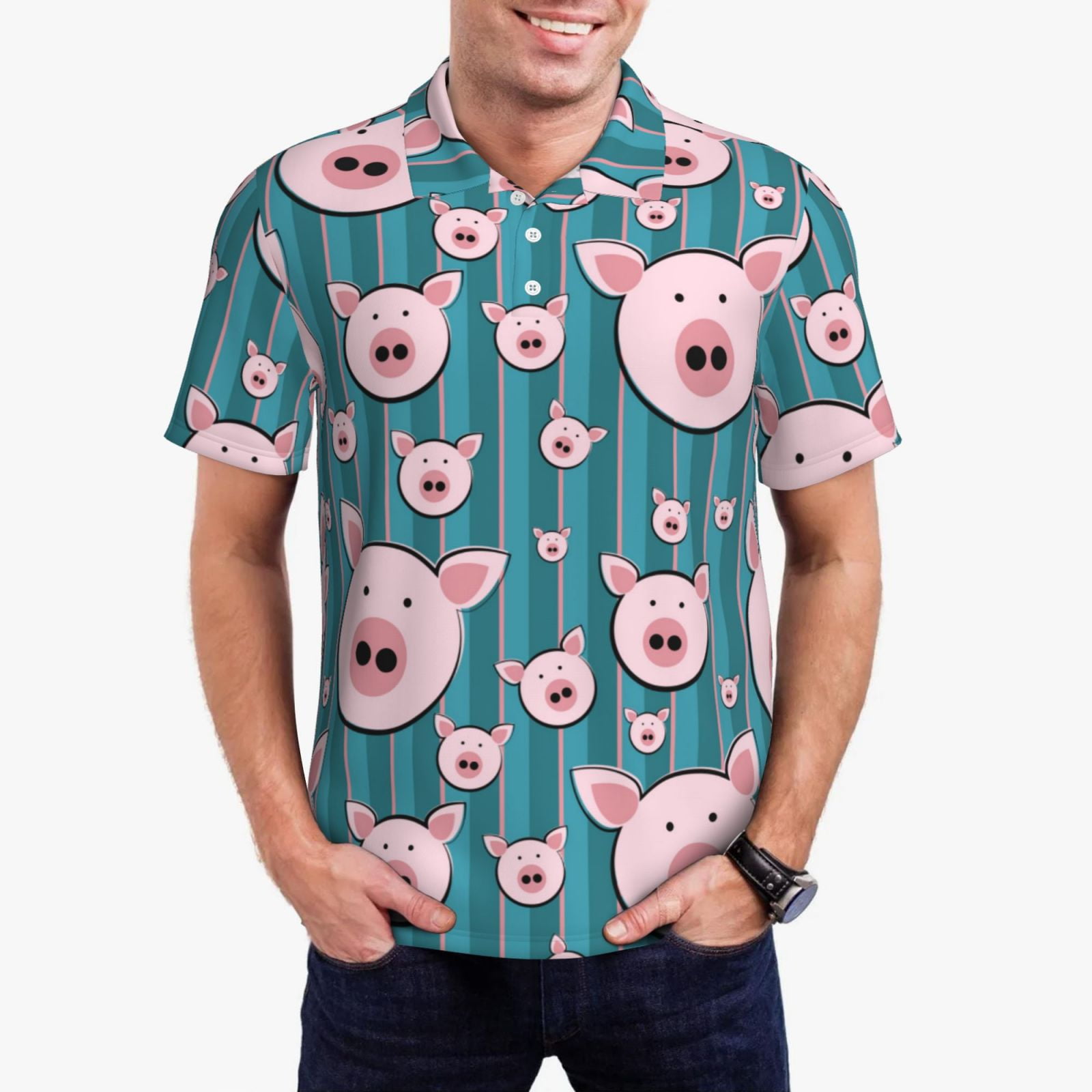 Susaid Funny Pig Faces Print Men's Short Sleeve Polo Shirt, Golf Shirts ...