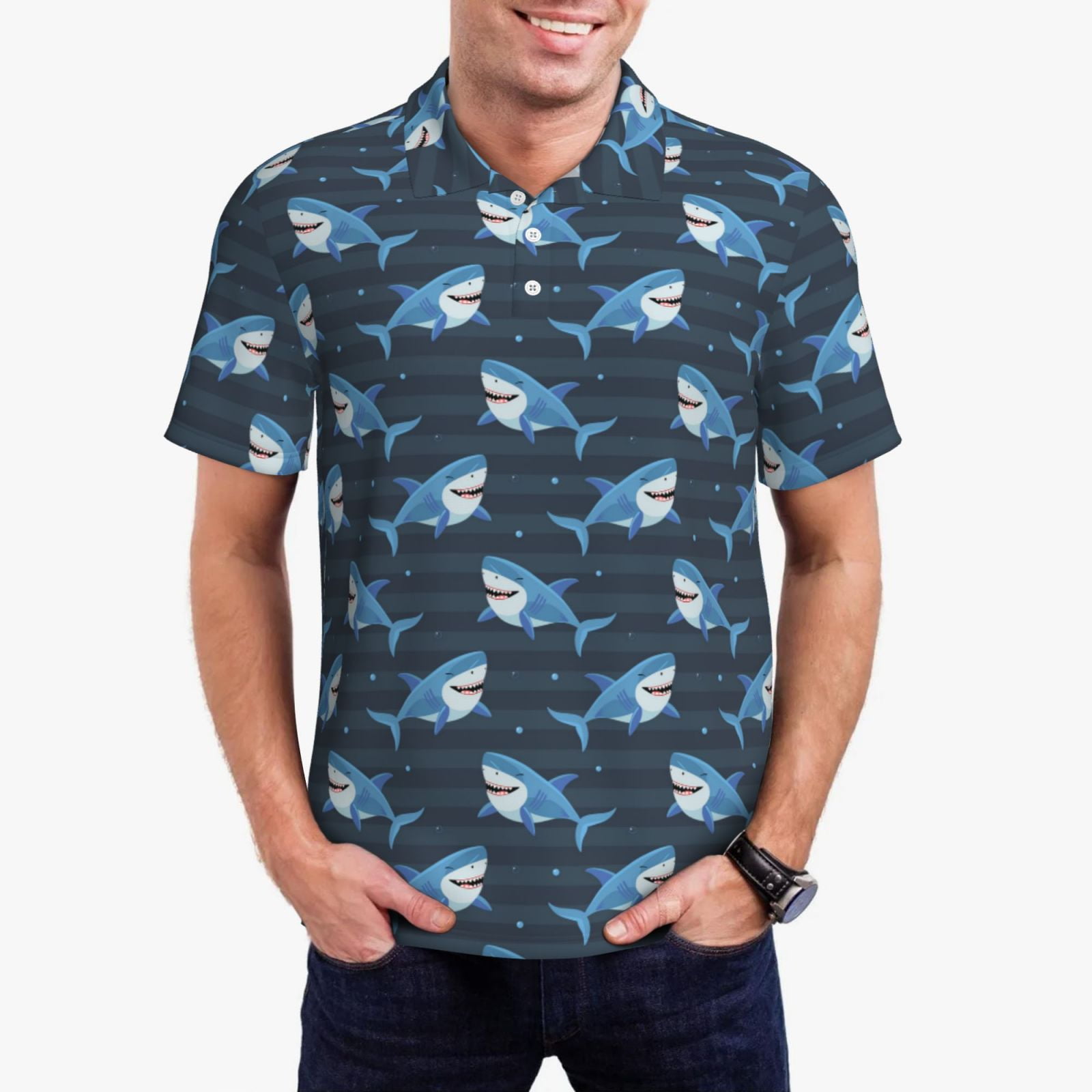 Susaid Funny Sharks Print Men's Short Sleeve Polo Shirt, Golf Shirts ...