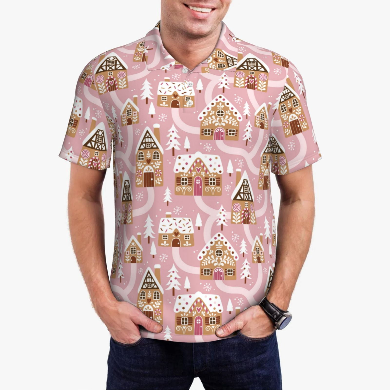 Susaid Gingerbread Houses Pink Wonderland Print Men's Short Sleeve Polo ...