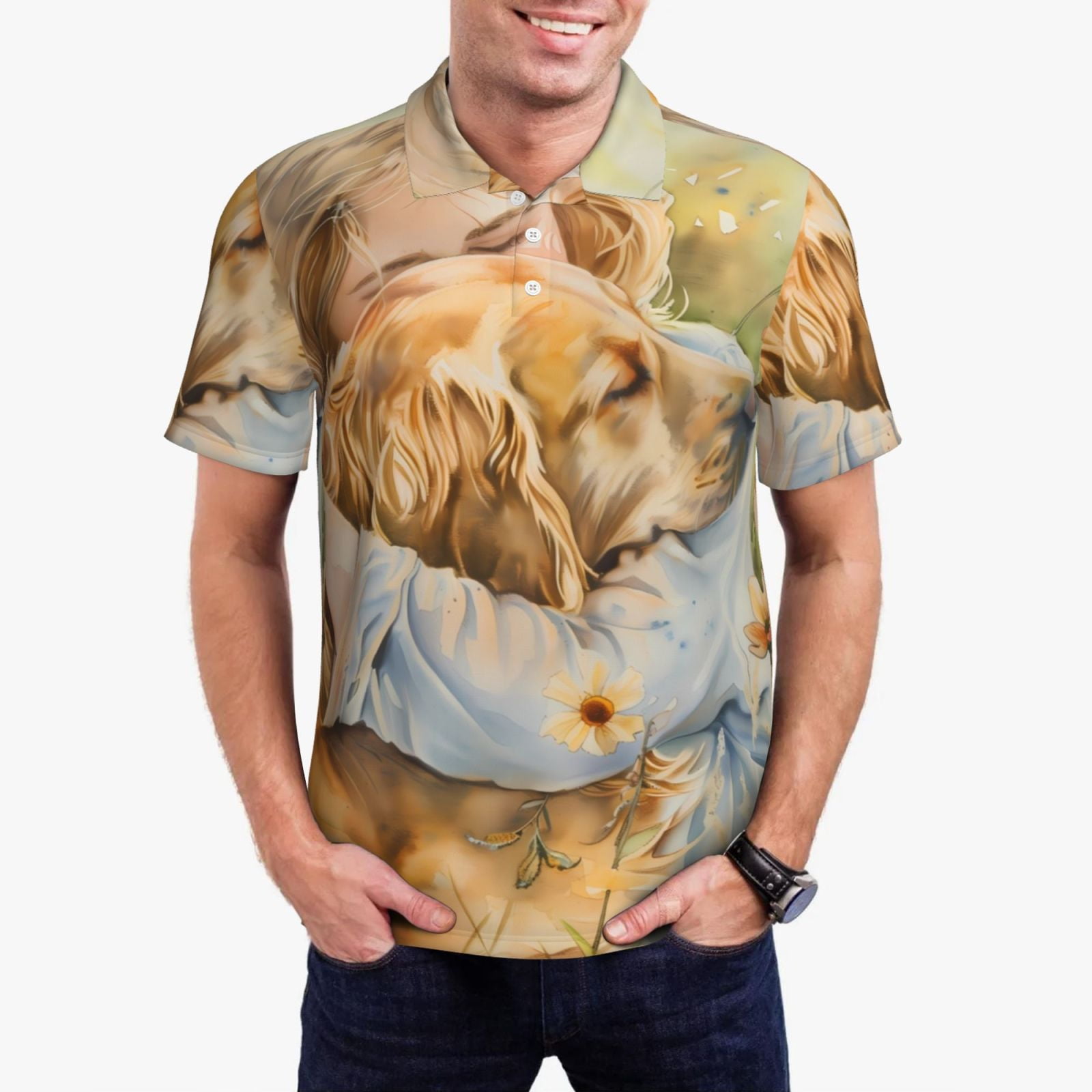 Susaid Girl Hugging Dog Flowers Print Men's Short Sleeve Polo Shirt ...