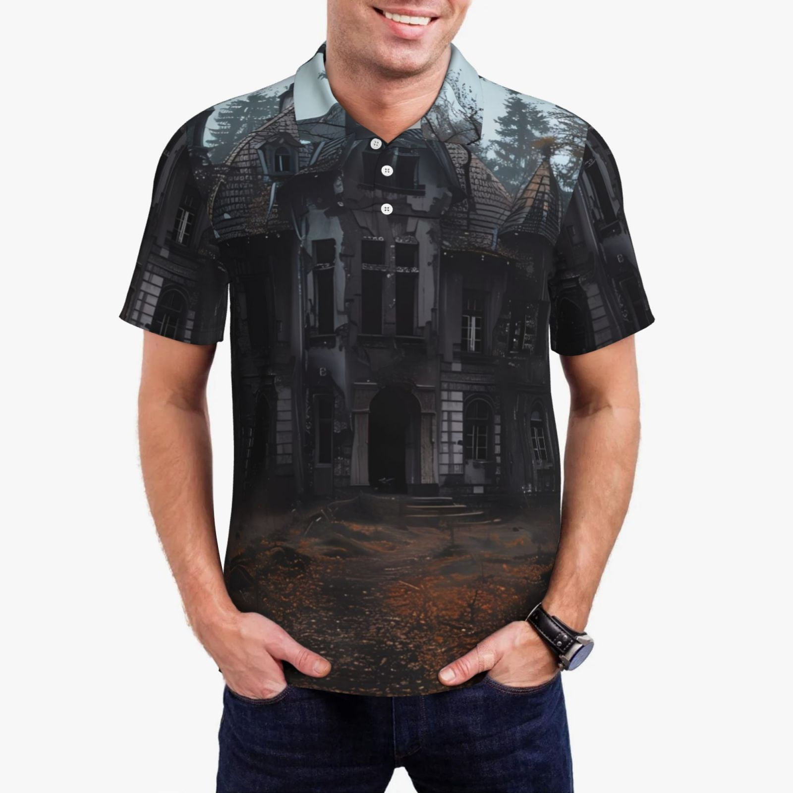 Susaid Gloomy Mansion Forest Scene Print Men's Short Sleeve Polo Shirt ...