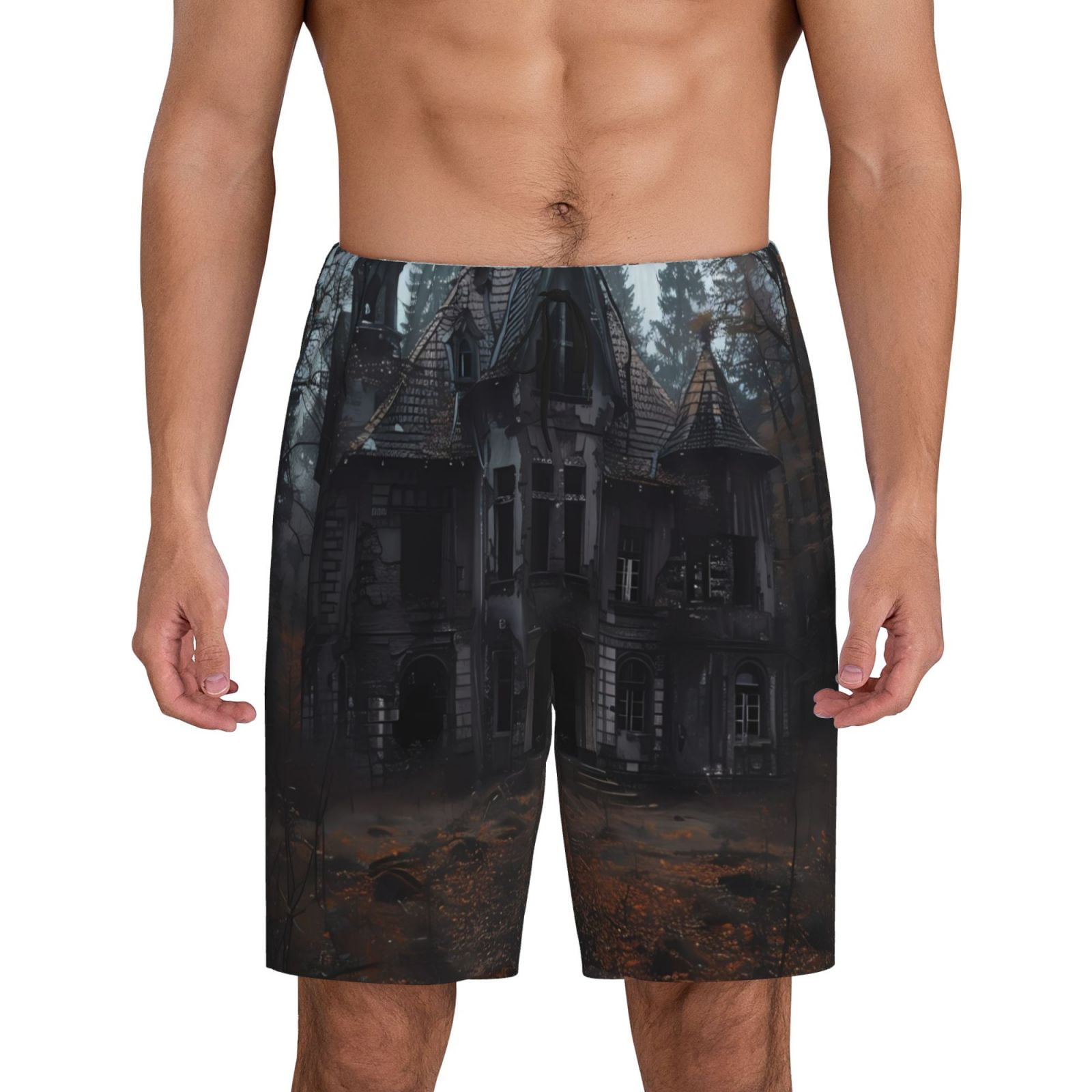 Susaid Gloomy Mansion Forest Scene Print Mens Shorts, Breathable Lounge ...