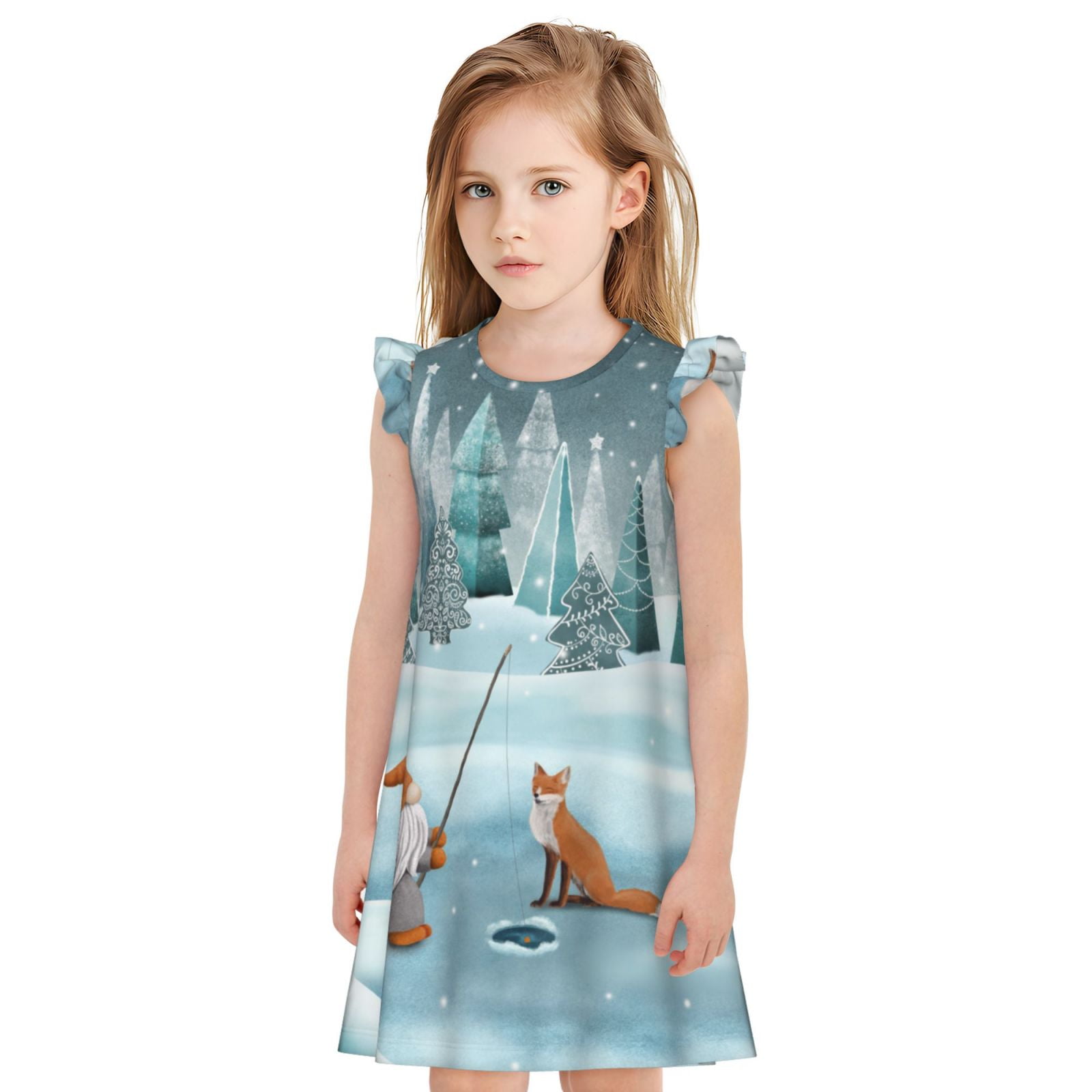 Susaid Gnome And Red Fox Fishing Print Printed Girls' Nightgowns, Soft ...