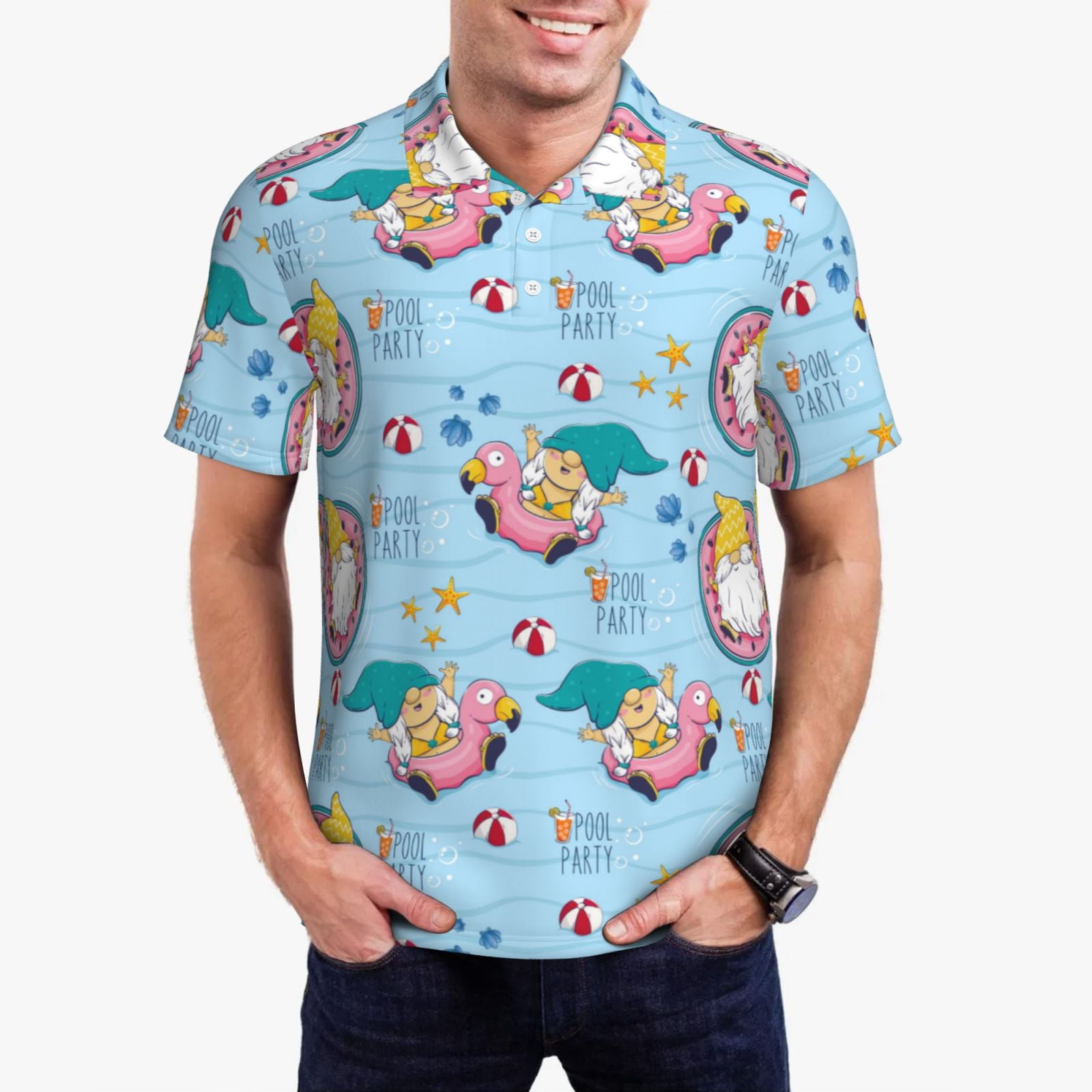 Susaid Gnome Pool Party Print Men's Short Sleeve Polo Shirt, Golf ...