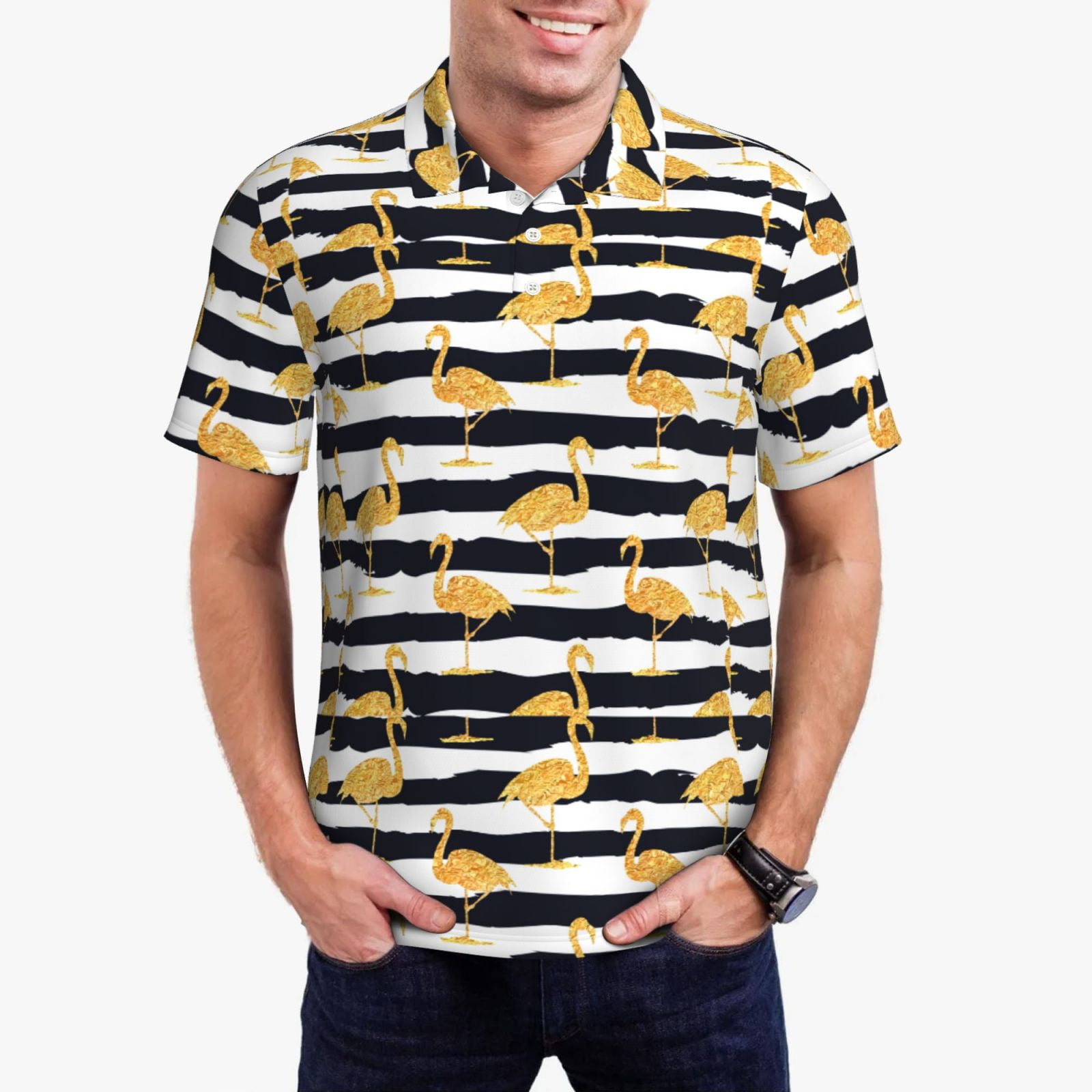 Susaid Gold Flamingo Print Men's Short Sleeve Polo Shirt, Golf Shirts ...