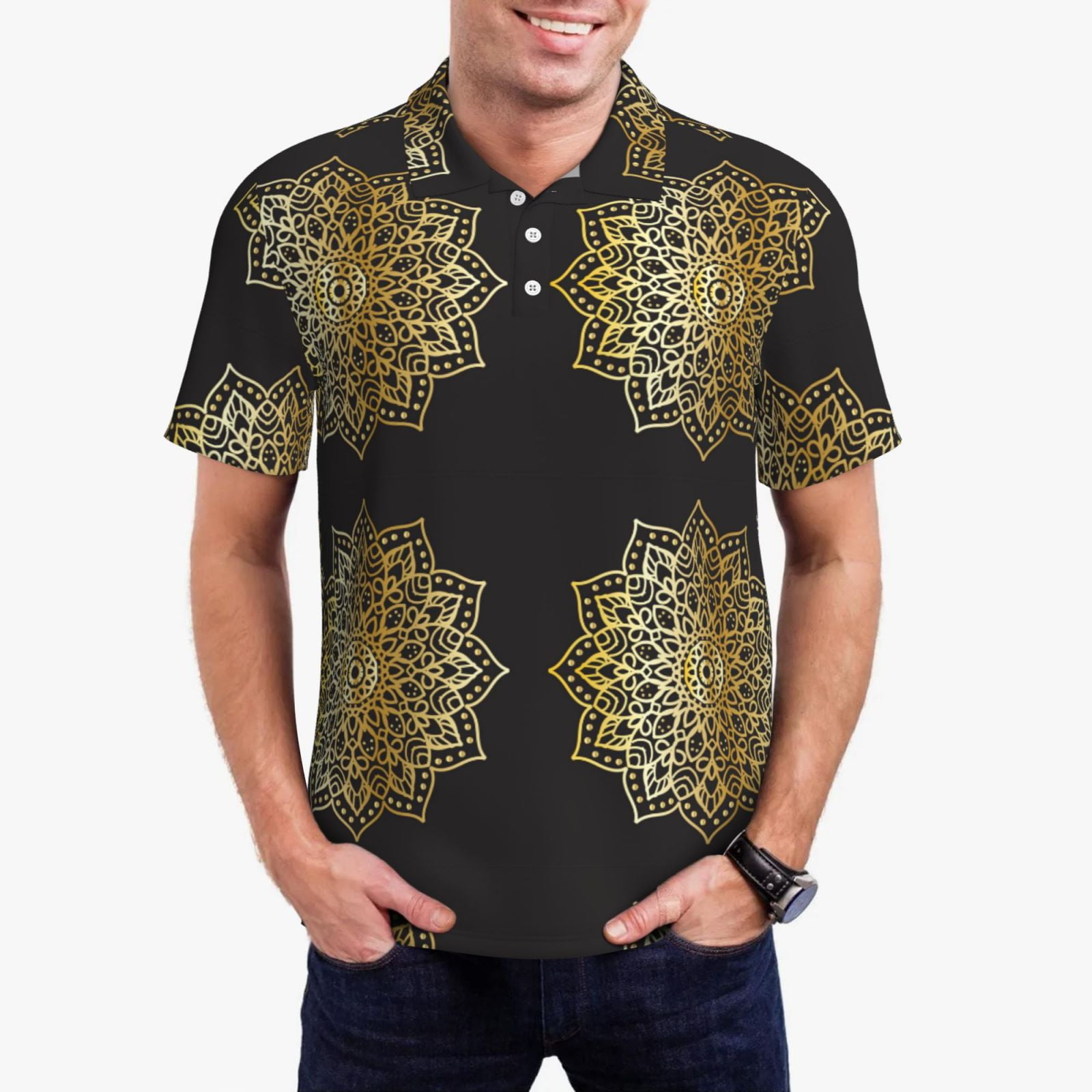 Susaid Gold Mandala Print Men's Short Sleeve Polo Shirt, Golf Shirts ...