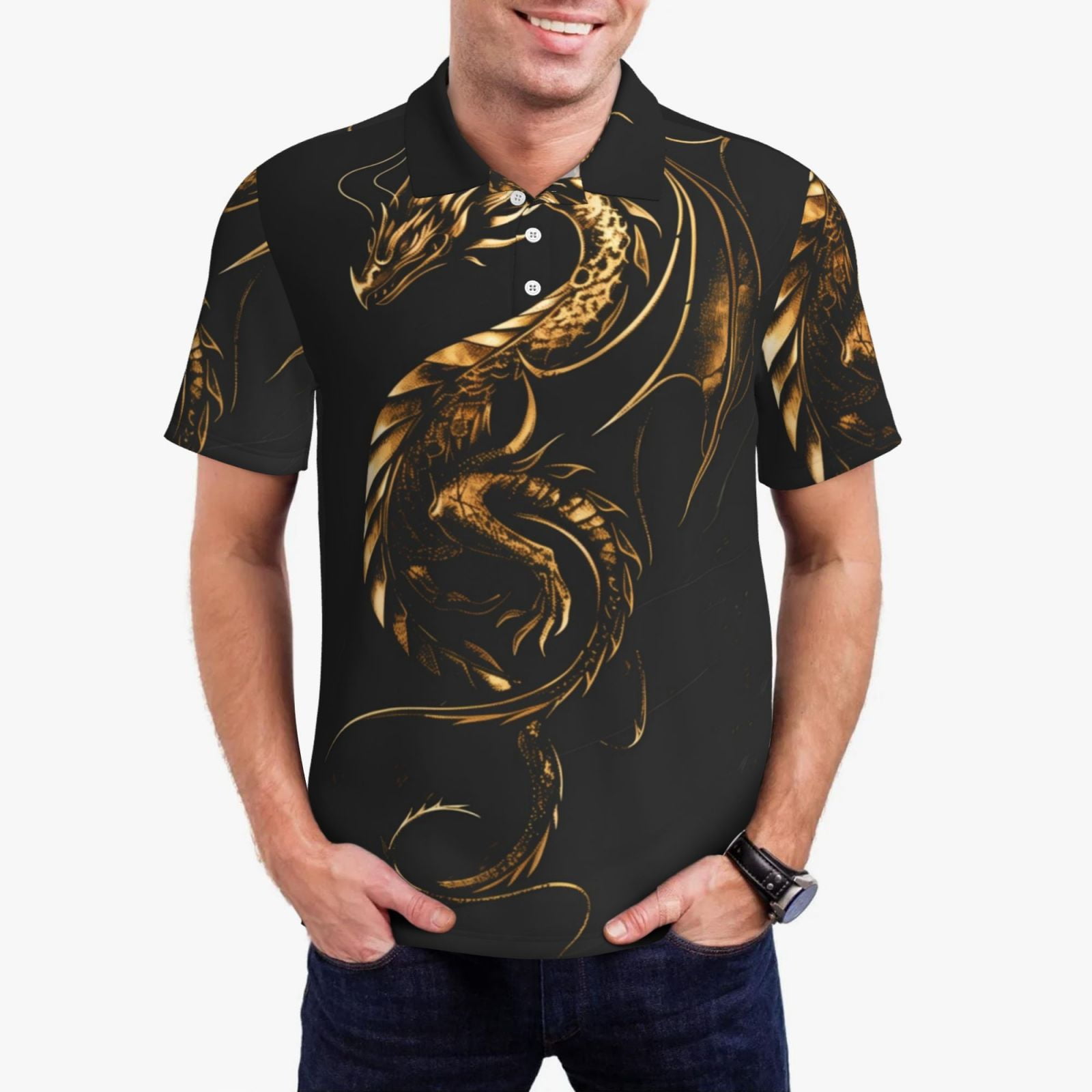 Susaid Golden Dragon Tattoo Art Print Men's Short Sleeve Polo Shirt ...