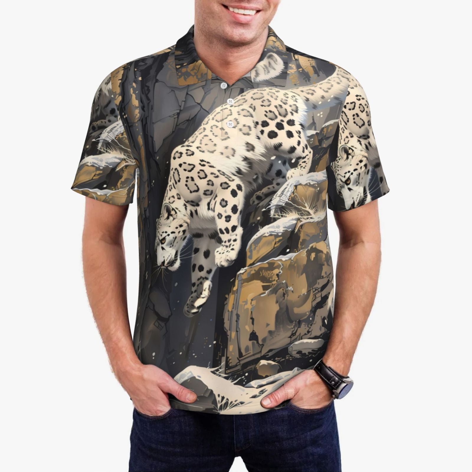 Susaid Graceful Snow Leopard Print Men's Short Sleeve Polo Shirt, Golf ...