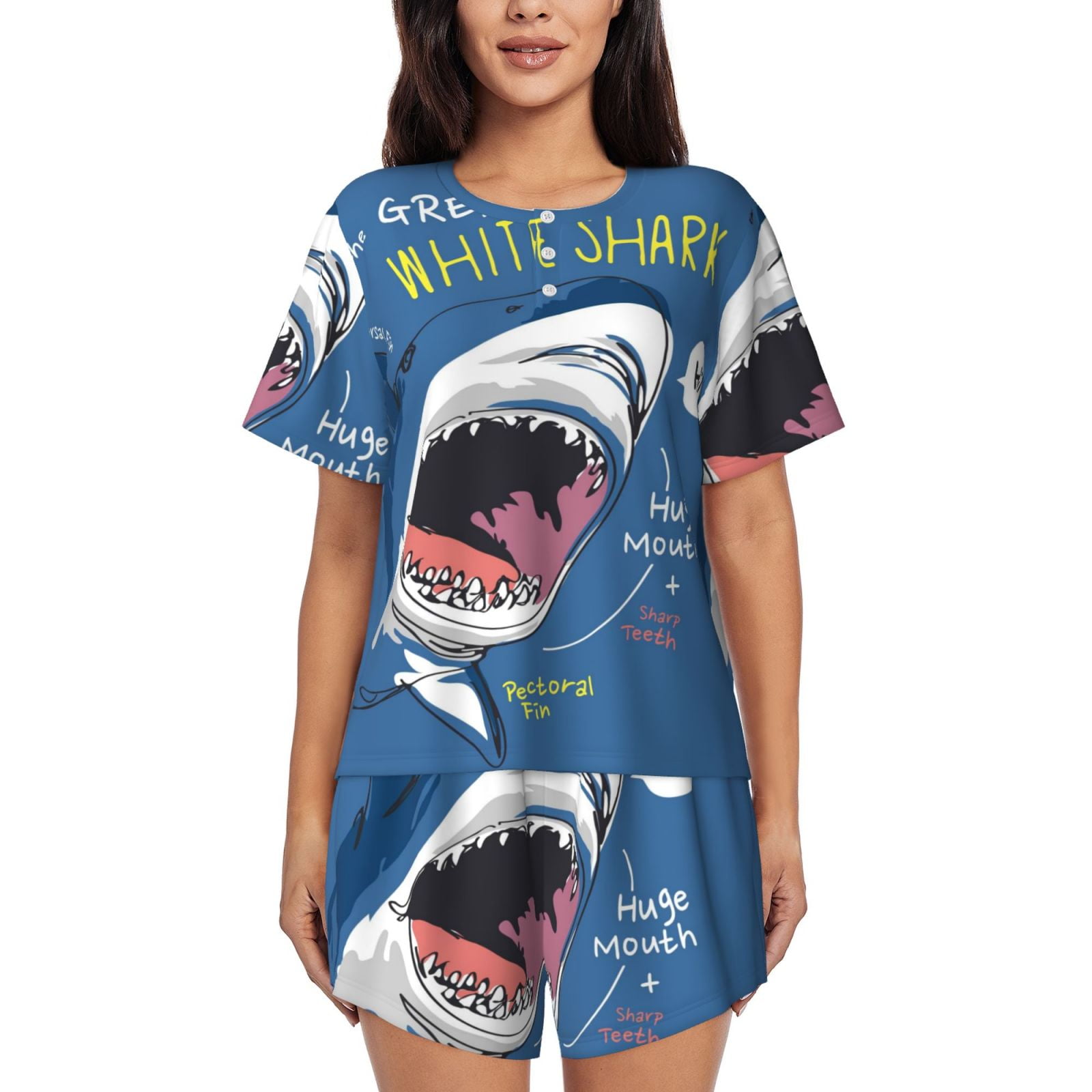 Susaid Great White Shark Print Women's Pajama Set, Button-Up Sleepwear ...