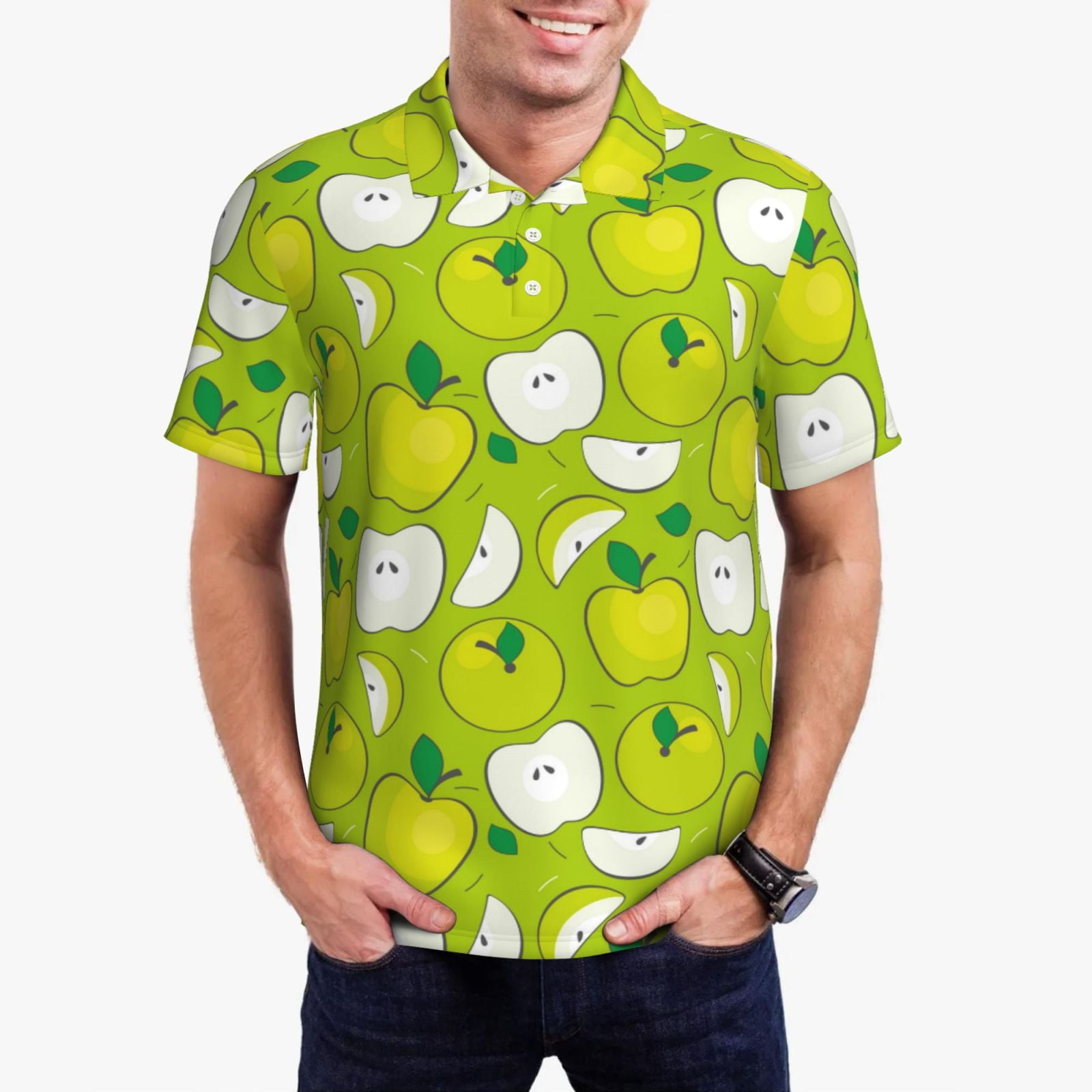 Susaid Green Apple Print Men's Short Sleeve Polo Shirt, Golf Shirts for ...