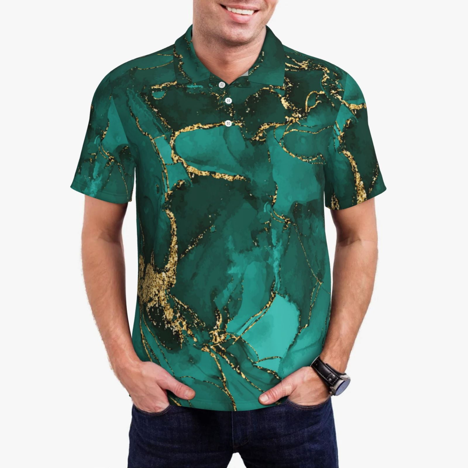 Susaid Green Gold Glitter Print Men's Short Sleeve Polo Shirt, Golf ...
