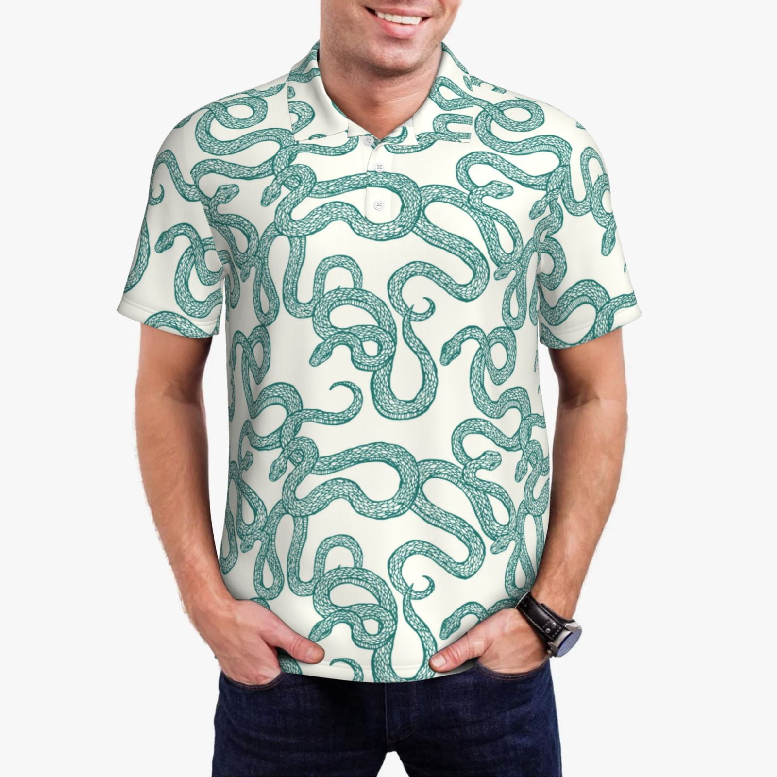 Susaid Hand Drawn Snake Print Men's Short Sleeve Polo Shirt, Golf ...