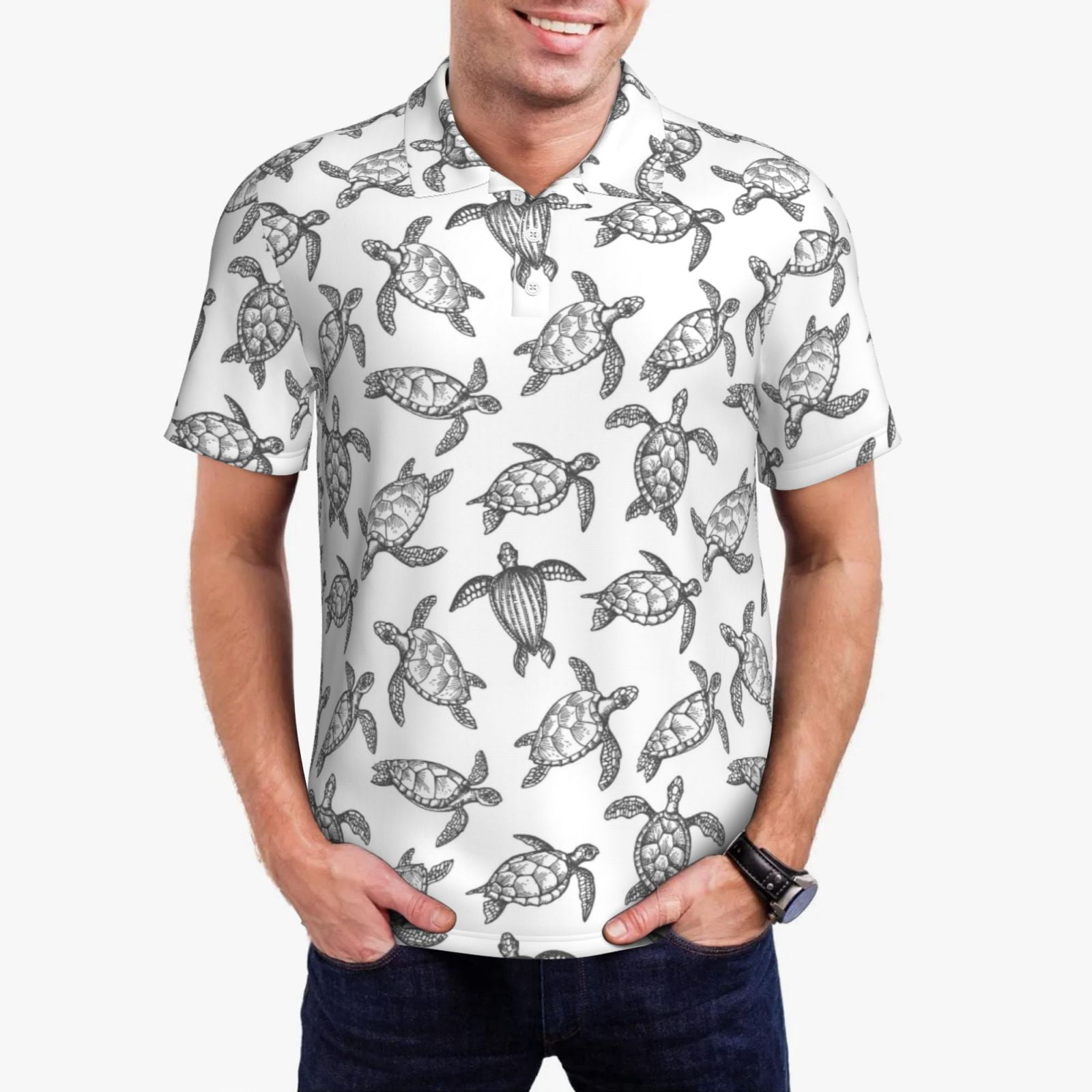 Susaid Hand Drawn Turtle Print Men's Short Sleeve Polo Shirt, Golf ...