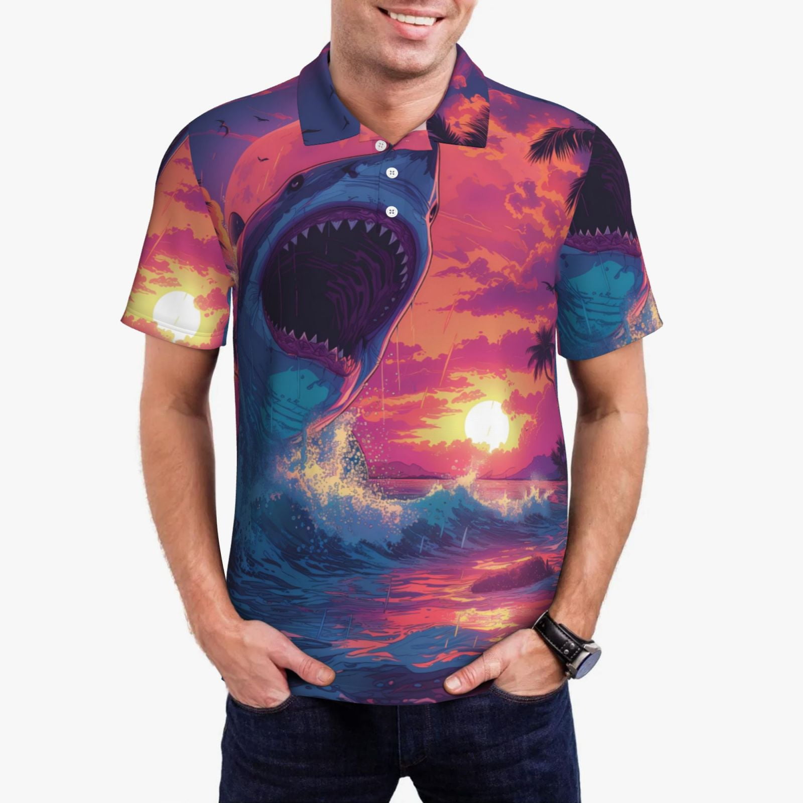 Susaid Hawaiian Island Beach Shark Print Men's Short Sleeve Polo Shirt ...