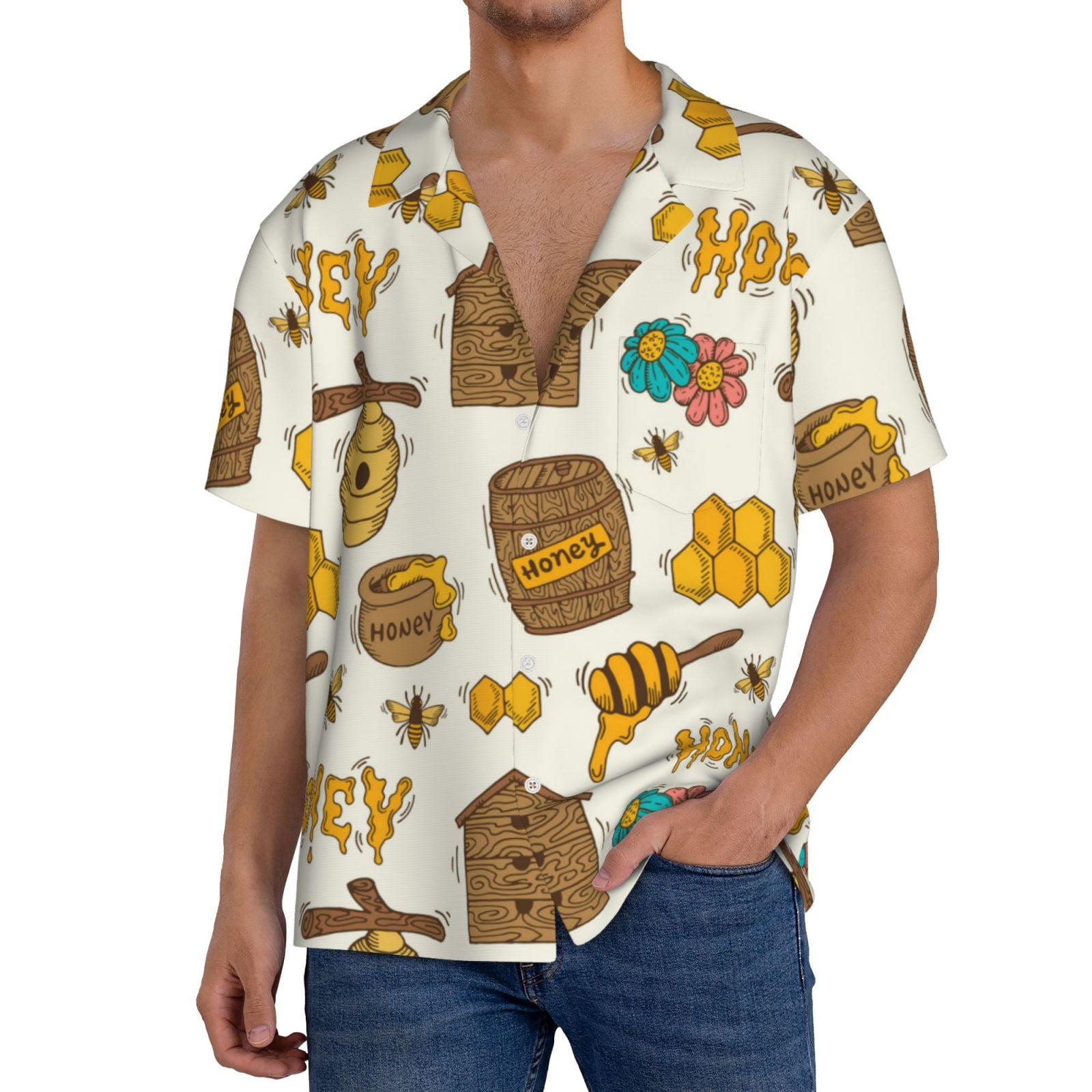 Susaid Honeycomb And Honey Print Men's Polo Shirts Button Down Short ...