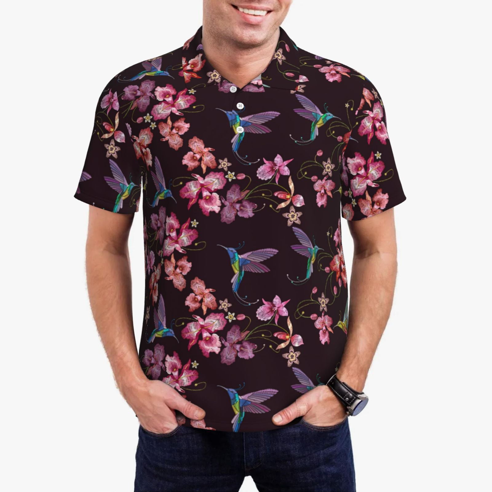 Susaid Humming Bird And Tropical Print Men's Short Sleeve Polo Shirt ...