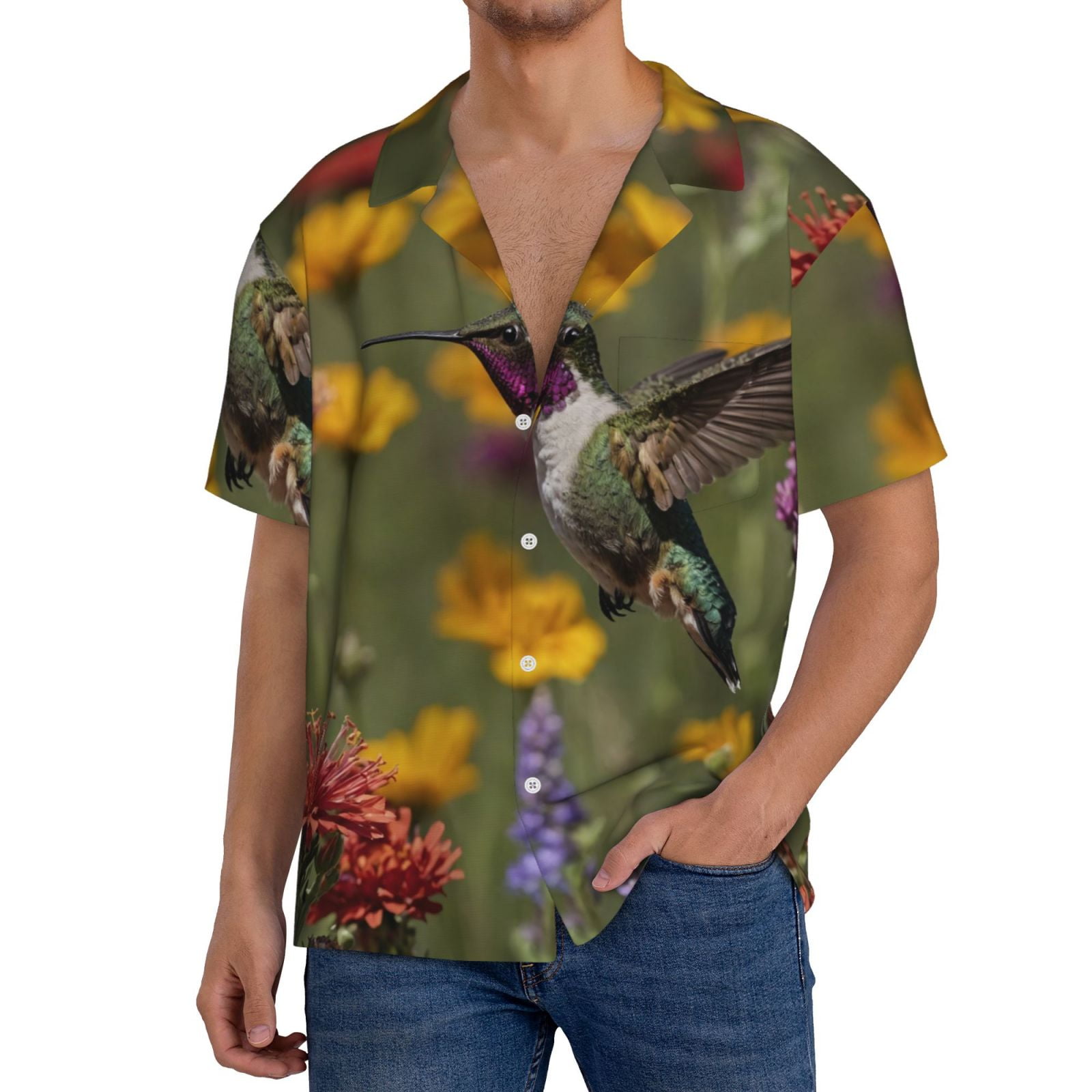 Susaid Humming Bird Print Men's Polo Shirts Button Down Short Sleeve ...