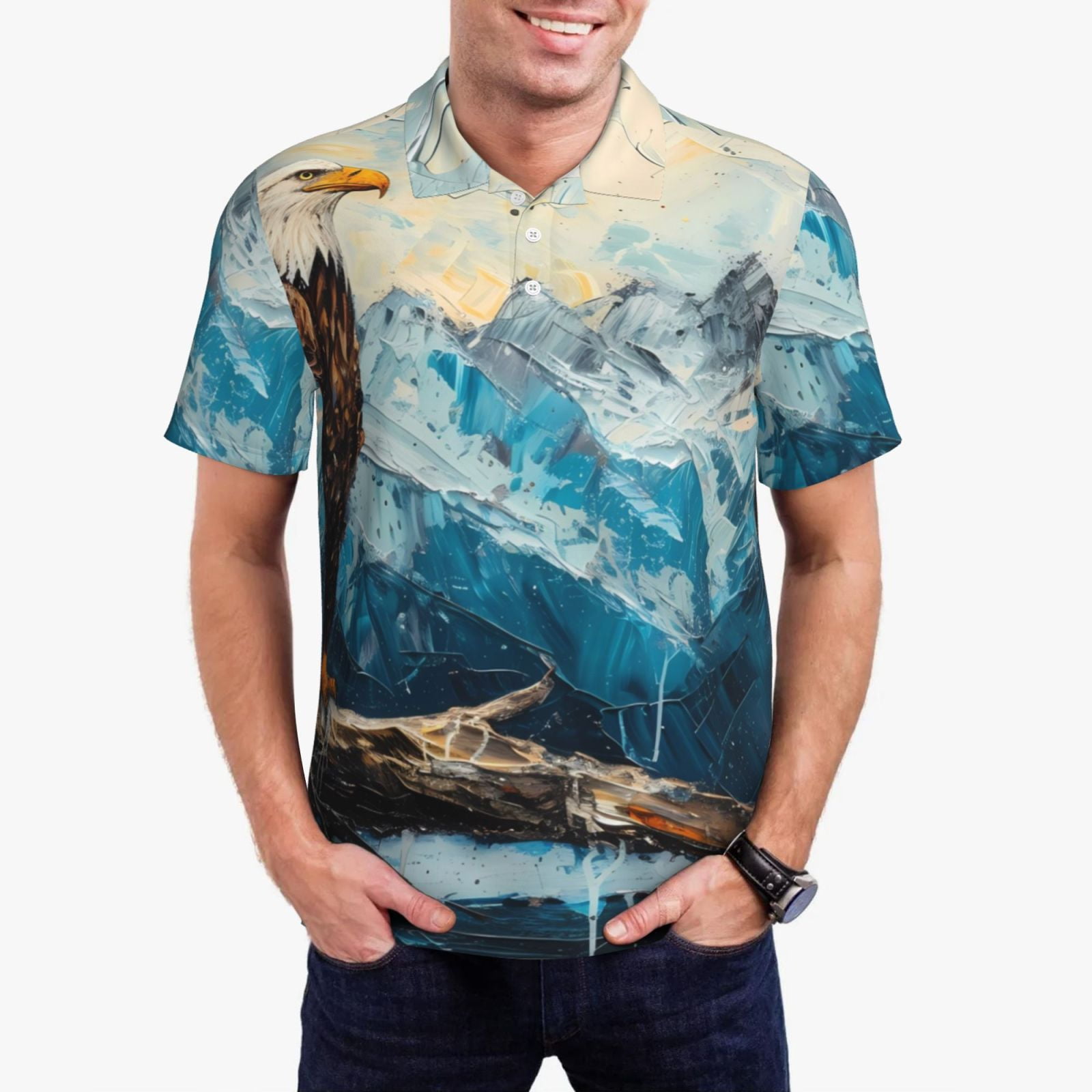 Susaid Iceberg Bald Eagle Print Men's Short Sleeve Polo Shirt, Golf ...