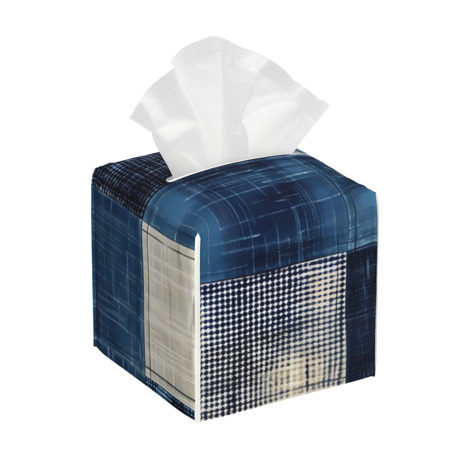 Susaid Indigo Patchwork Quilt Print PU Leather Tissue Box Cover, Square ...