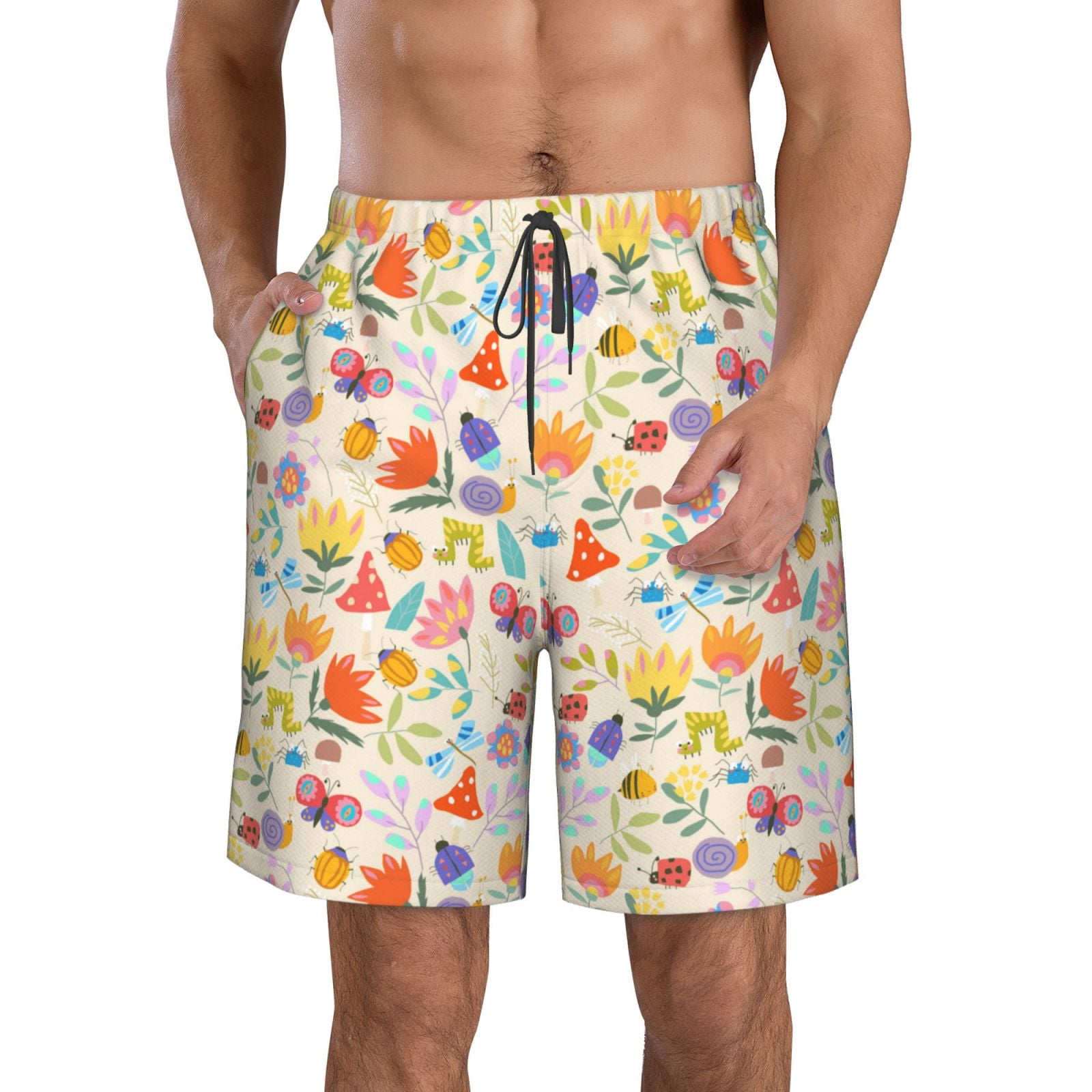 Susaid Insects In Plants Print Men's Swim Trunks Hawaiian Bathing Mesh ...
