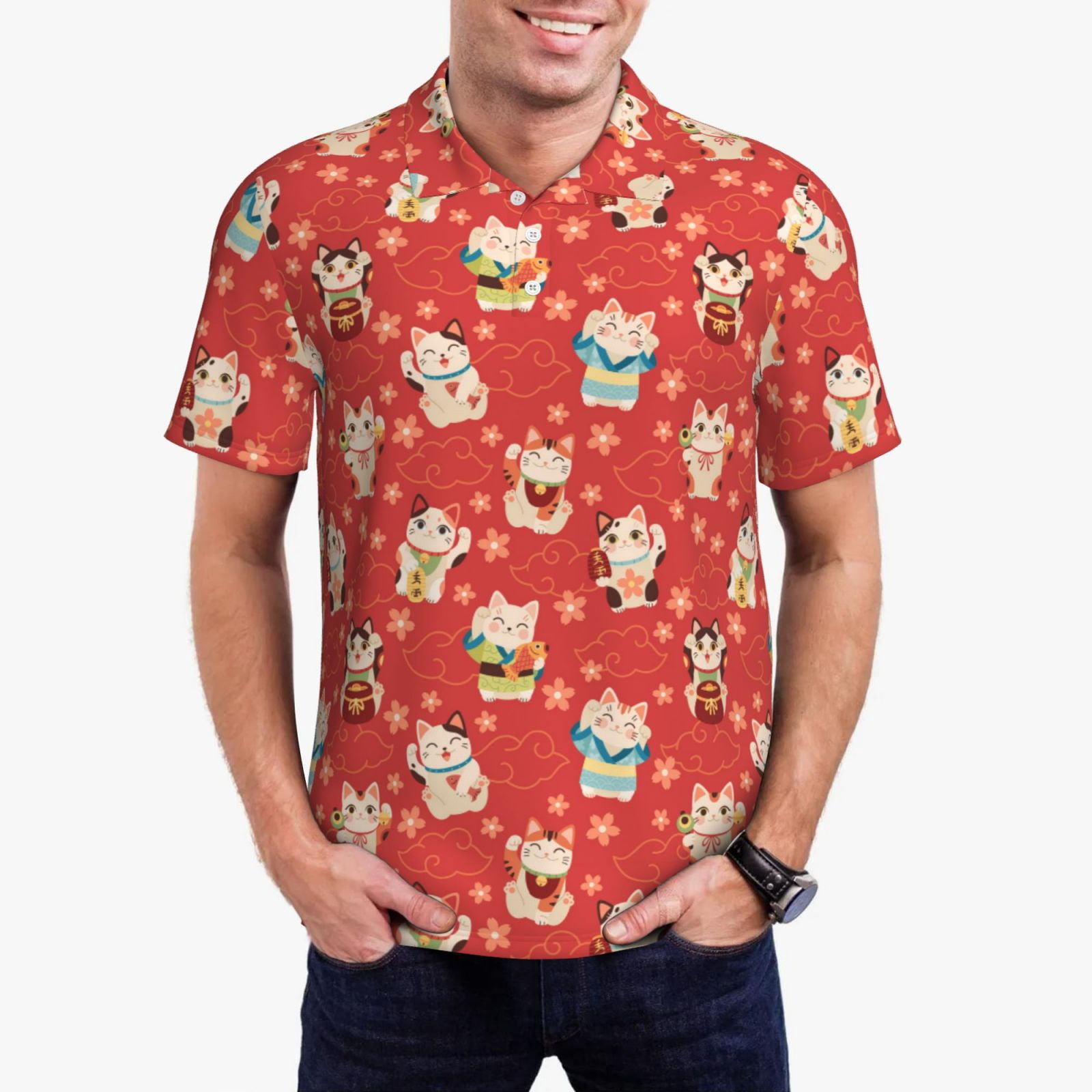 Susaid Japanese Maneki Cats Print Men's Short Sleeve Polo Shirt, Golf ...