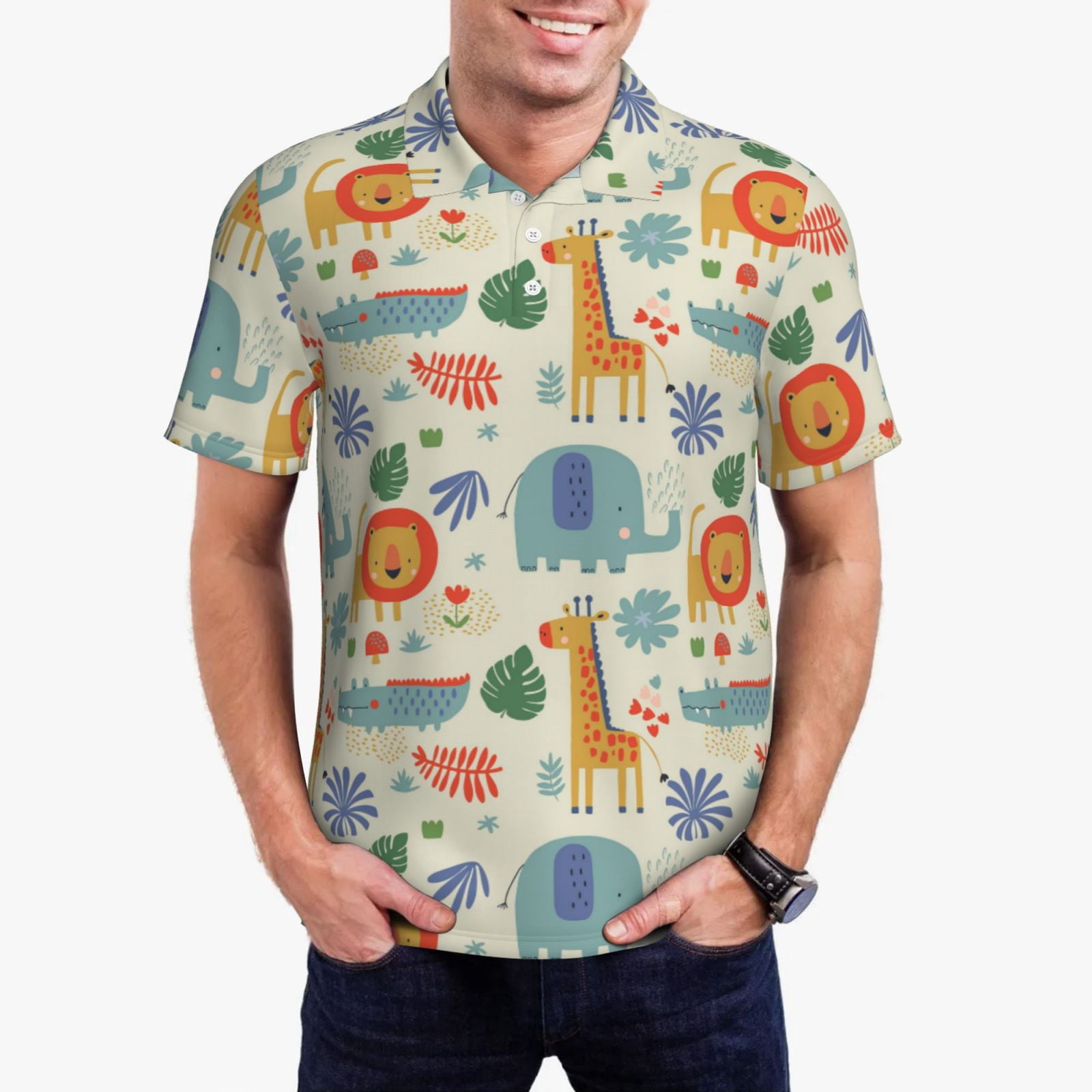 Susaid Jungle Animals Print Men's Short Sleeve Polo Shirt, Golf Shirts ...