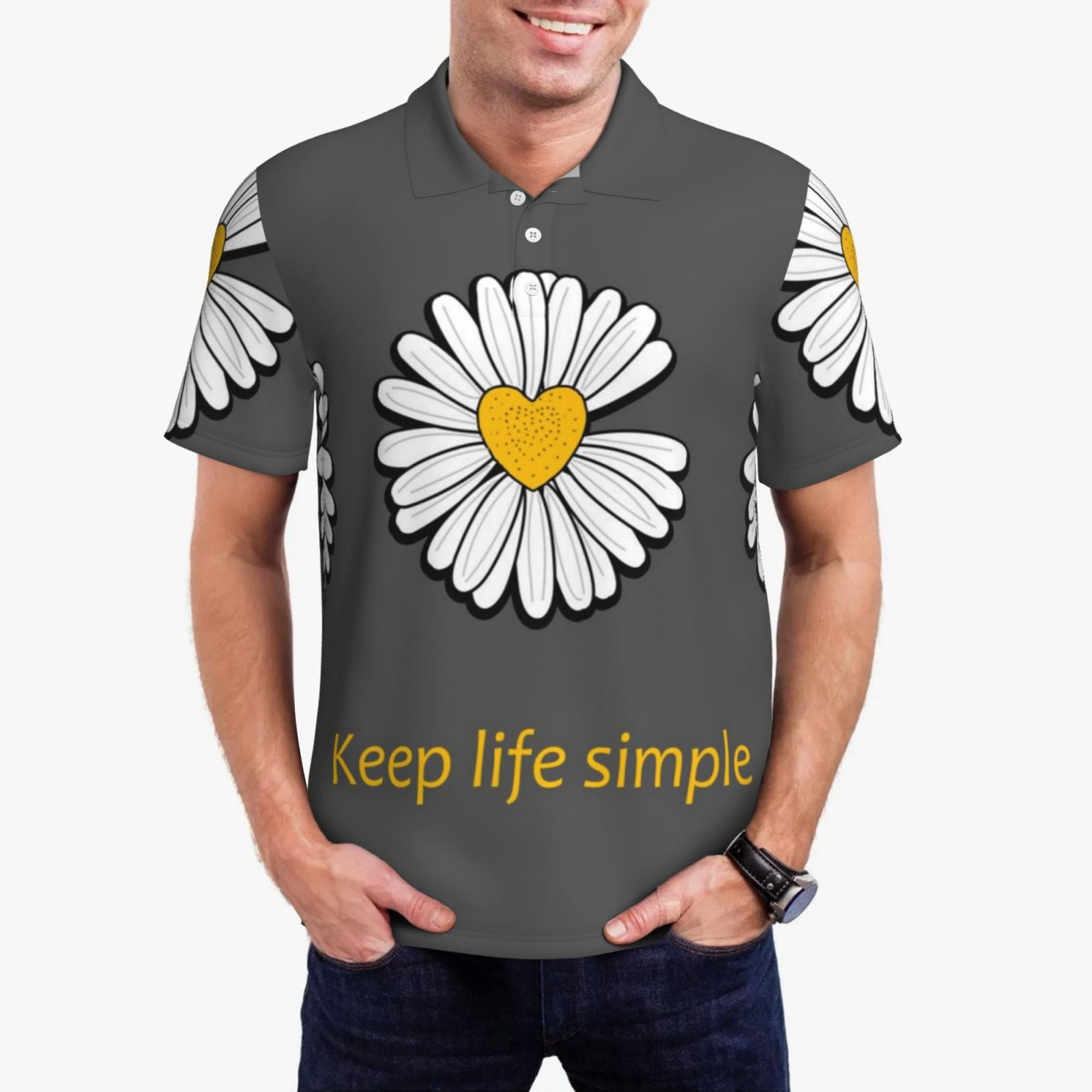 Susaid Keep Life Simple Daisy Flower Print Men's Short Sleeve Polo ...