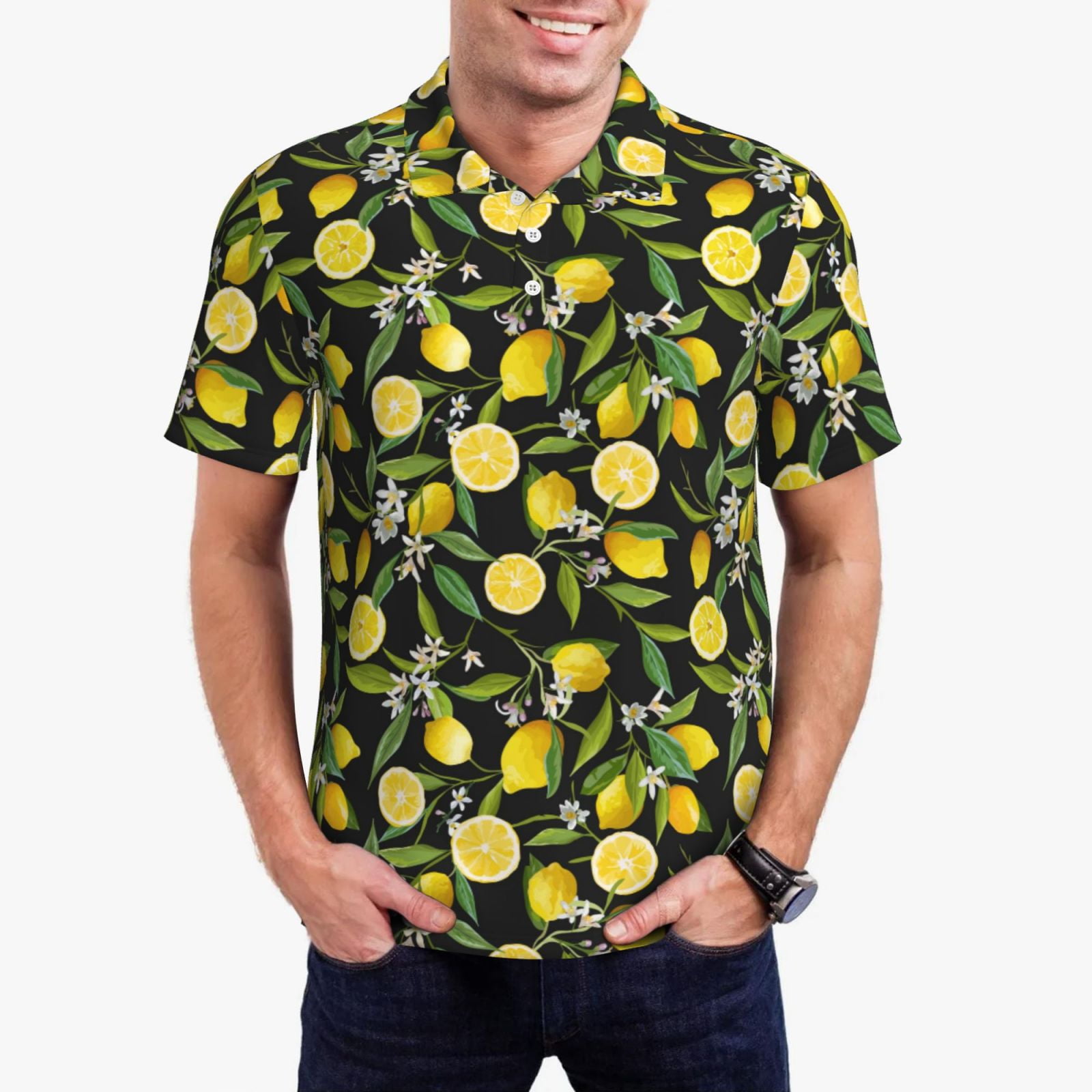 Susaid Lemon Fruits Flowers Leaves Print Men's Short Sleeve Polo Shirt ...