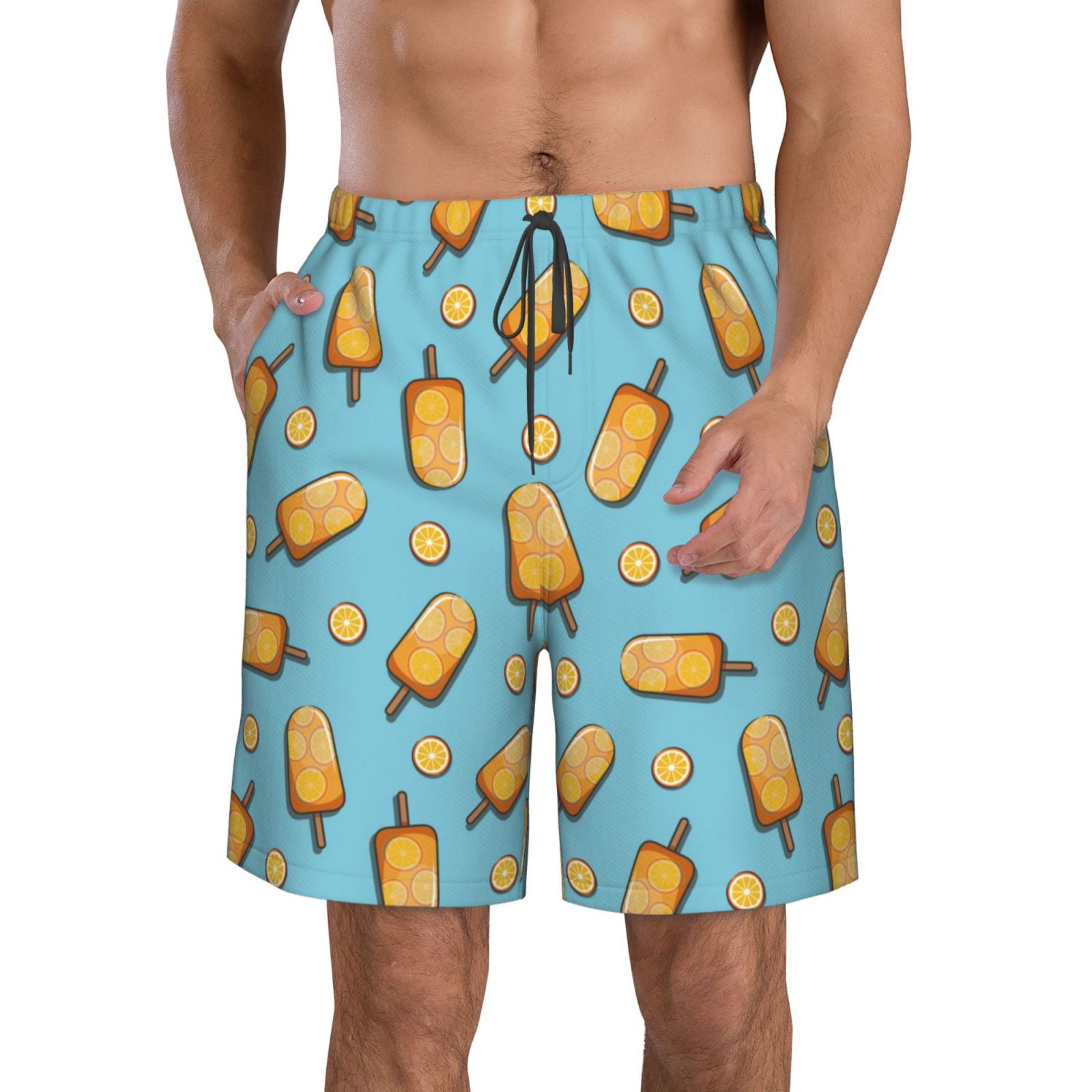 Susaid Lemon Ice Cream Print Men's Swim Trunks Hawaiian Bathing Mesh ...