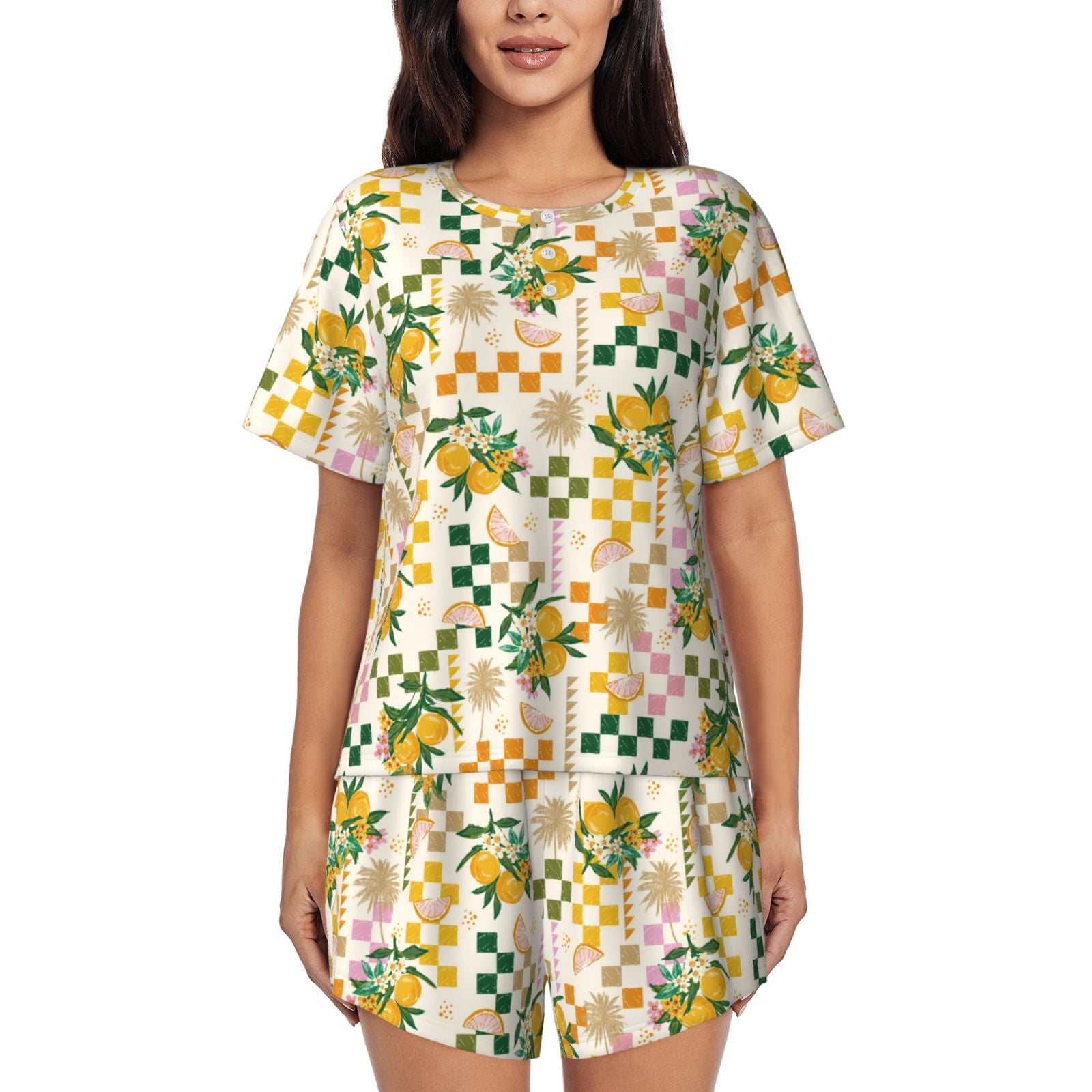 Susaid Lemon Print Women's Pajama Set, Button-Up Sleepwear with Elastic ...