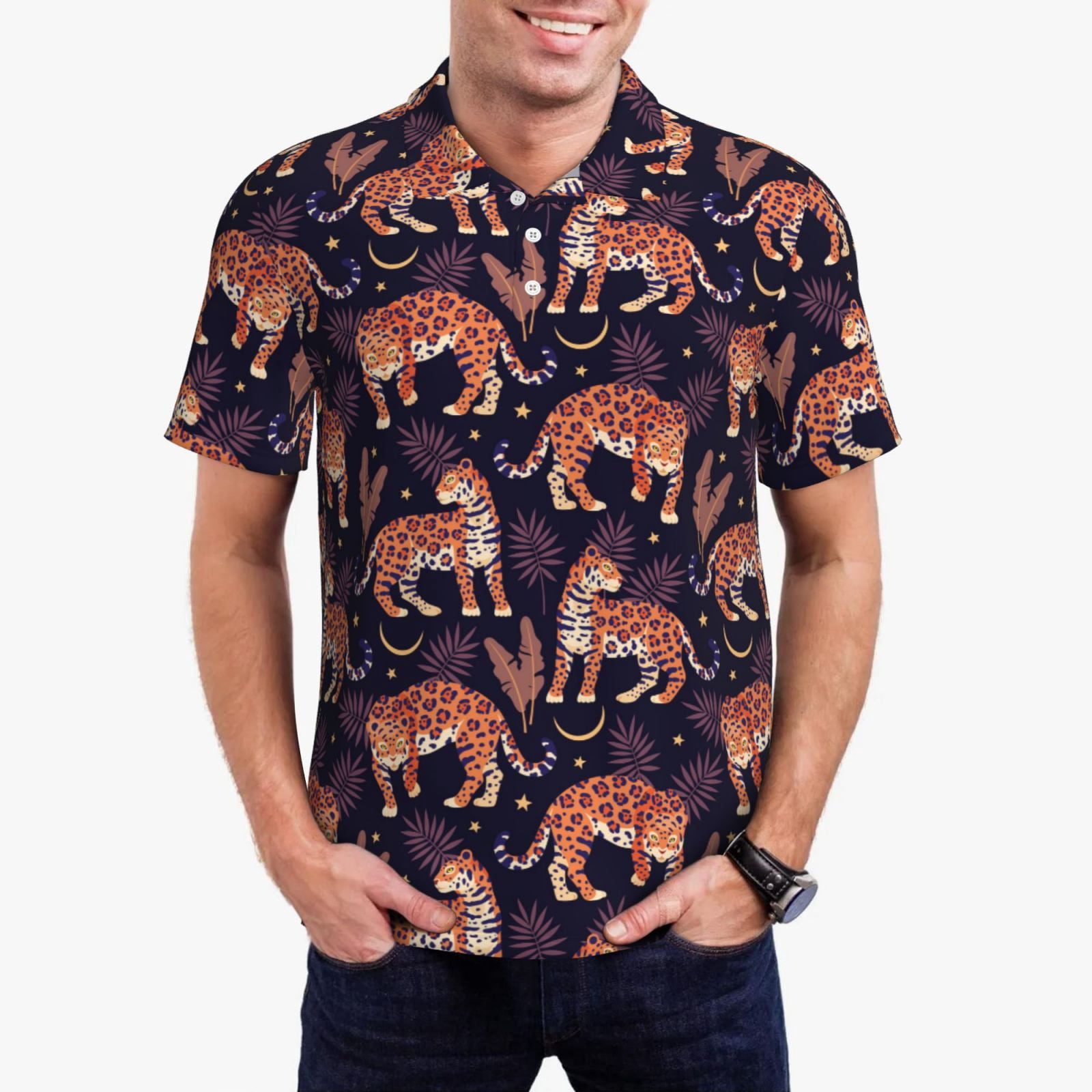 Susaid Leopard Print Print Men's Short Sleeve Polo Shirt, Golf Shirts ...