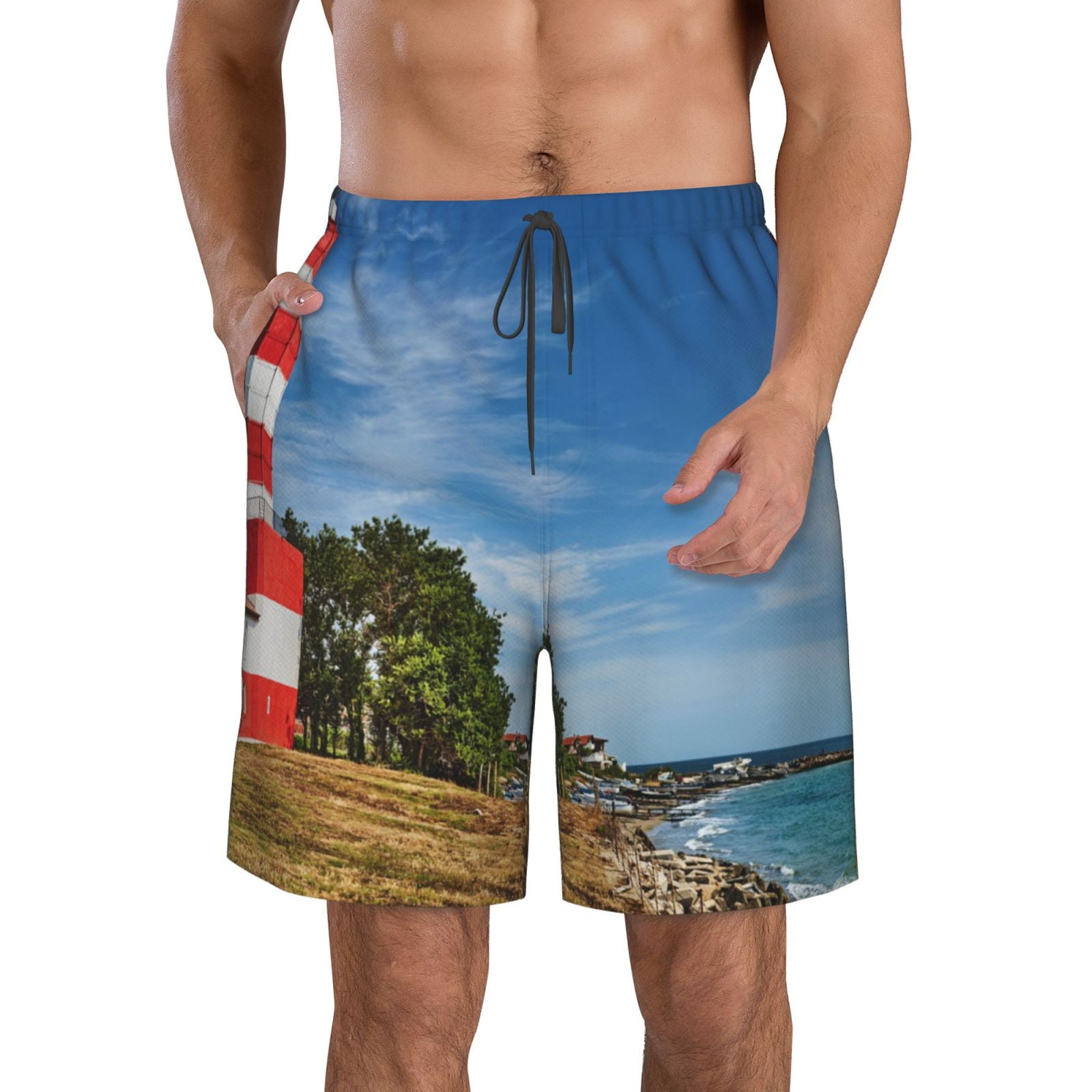 Susaid Lighthous Print Men's Swim Trunks Hawaiian Bathing Mesh Lining ...