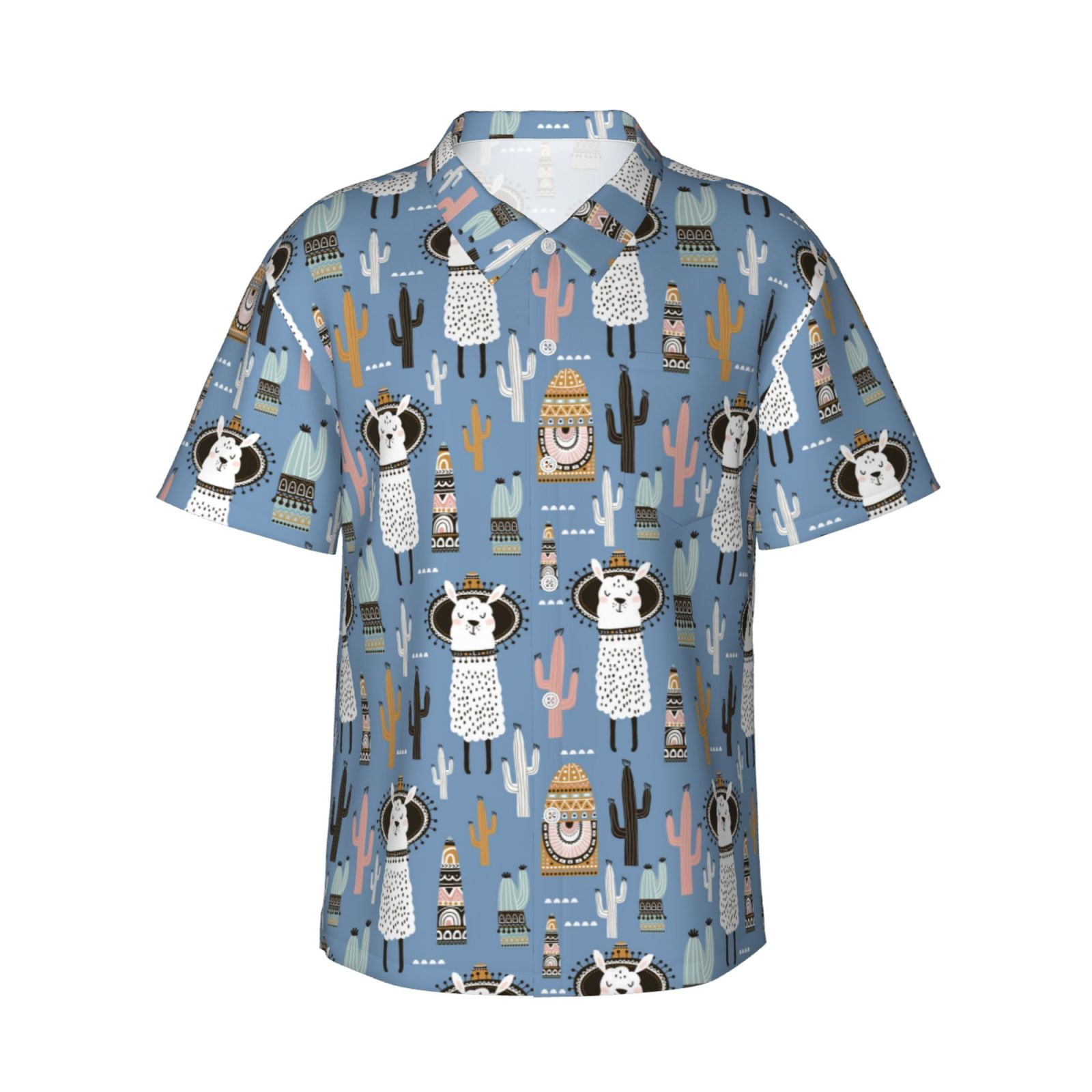 Susaid Llamas And Cactus Print Short Sleeve Shirts Button Down Casual ...