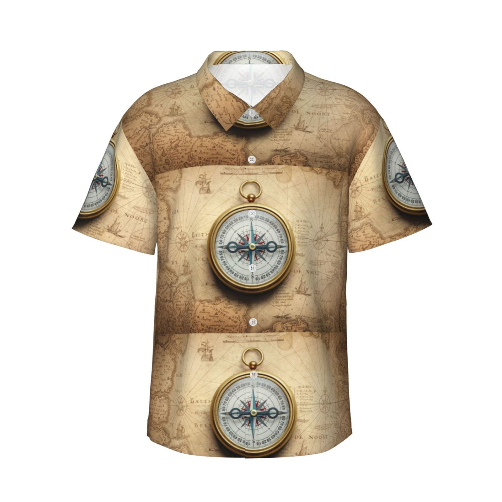 Susaid Magnetic Old Compass On World Map Print Hawaiian Shirts for Men ...