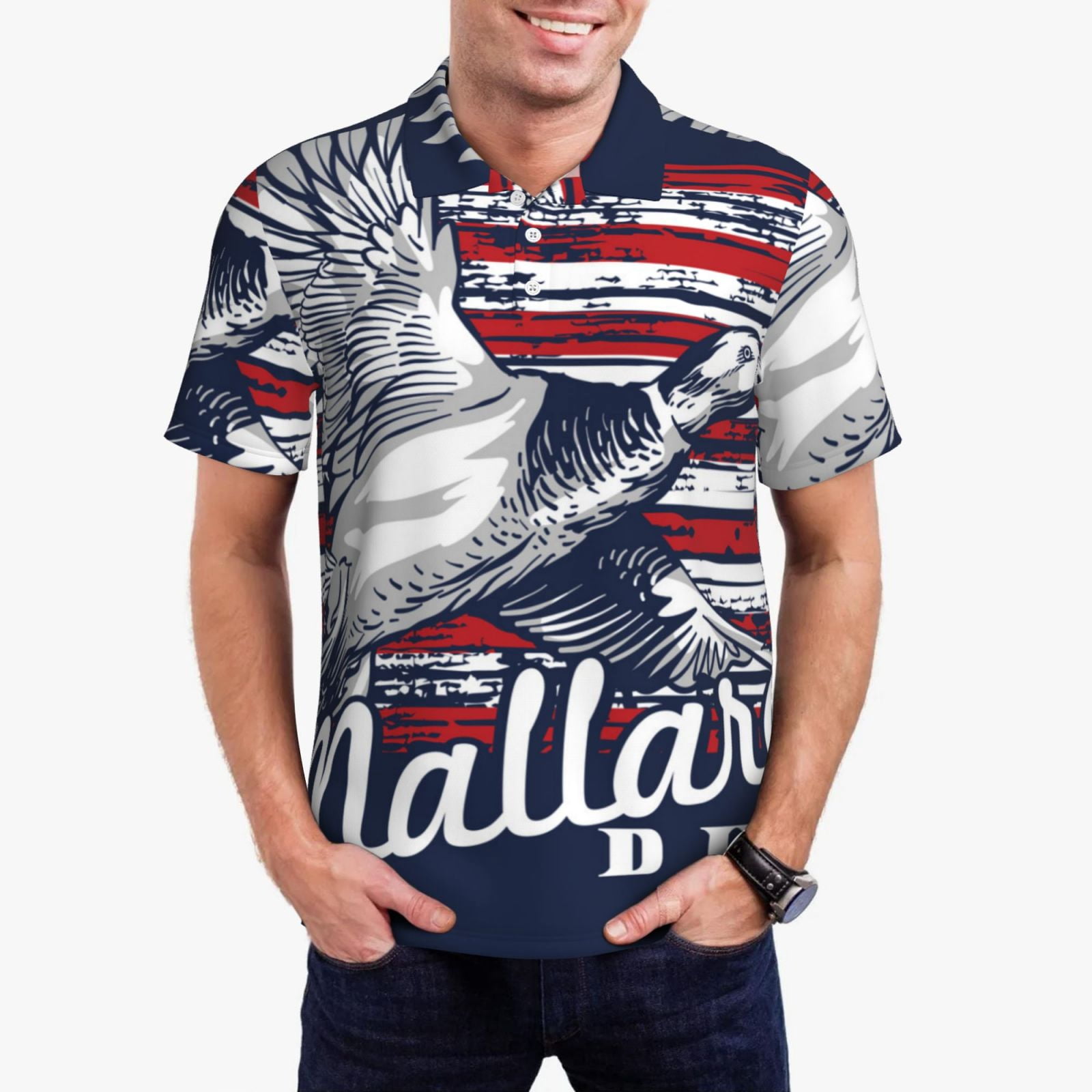 Susaid Mallard Duck With American Flag Print Men's Short Sleeve Polo ...