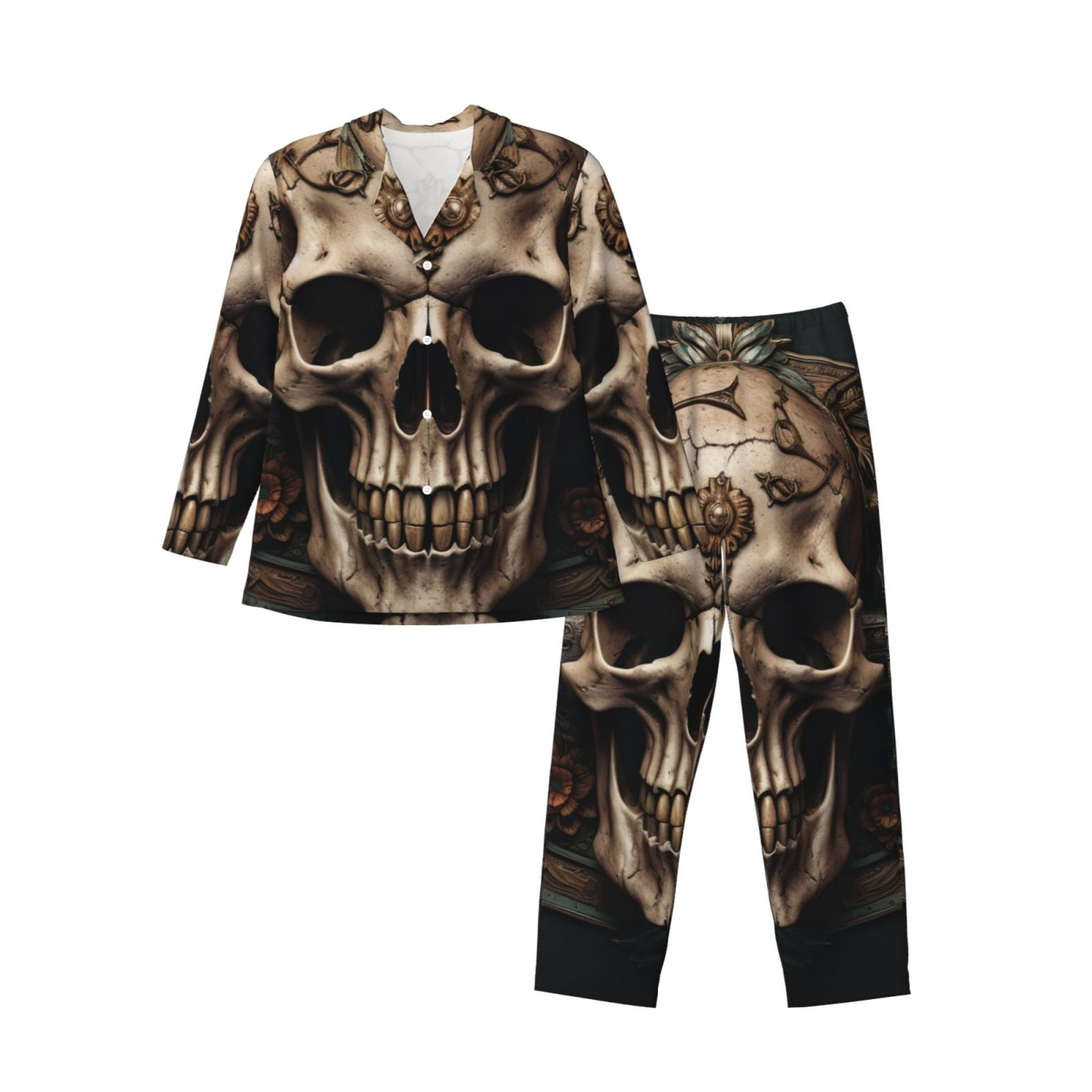 Susaid Metal Style Horned Skull Print Men's Long Sleeve Pajama Set, Two ...