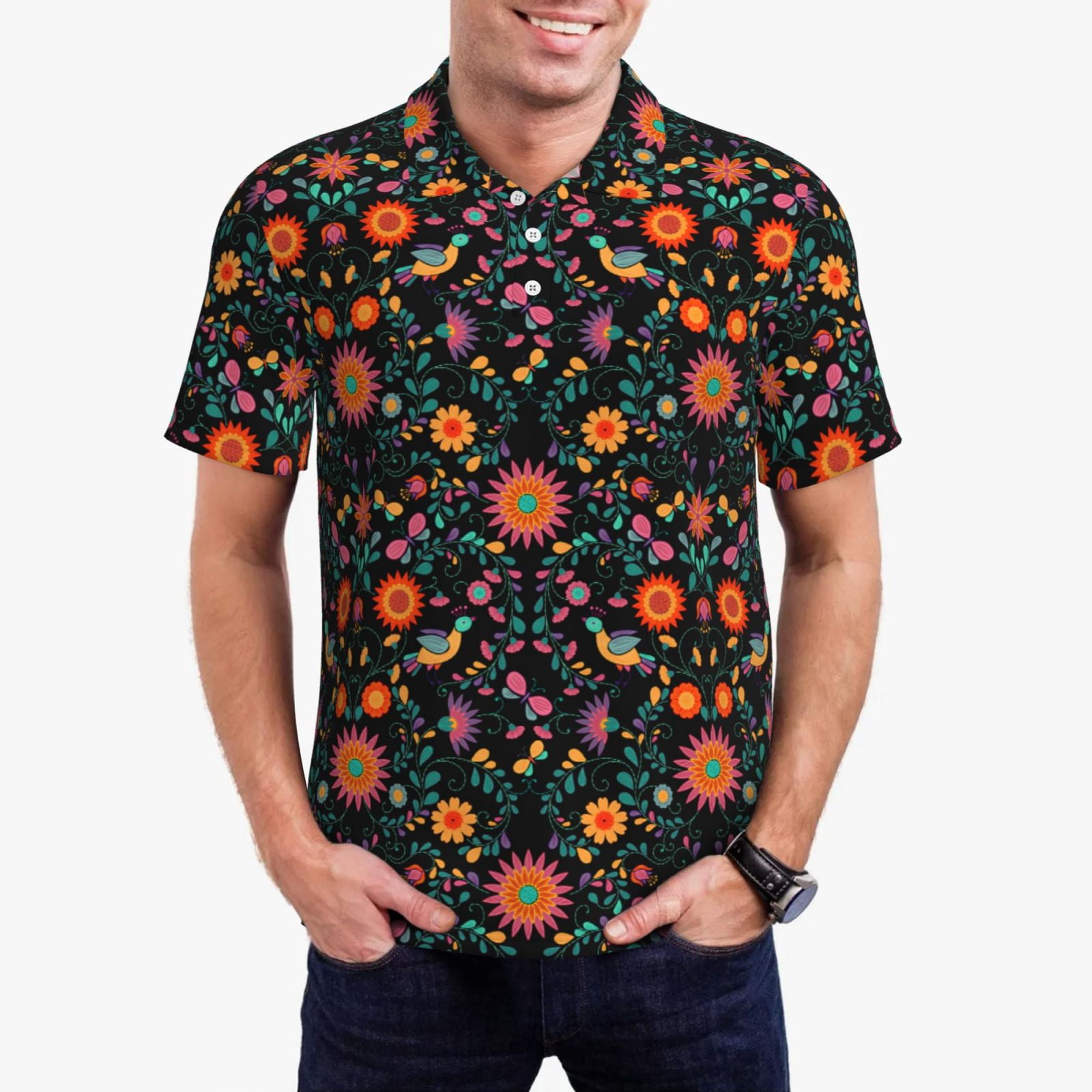 Susaid Mexican Flower And Birds Print Men's Short Sleeve Polo Shirt ...