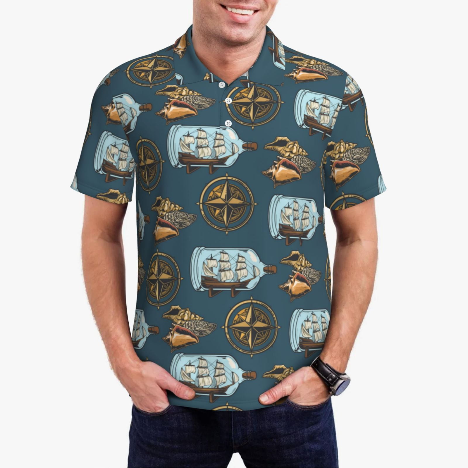 Susaid Miniature Ship In Bottle Print Men's Short Sleeve Polo Shirt ...