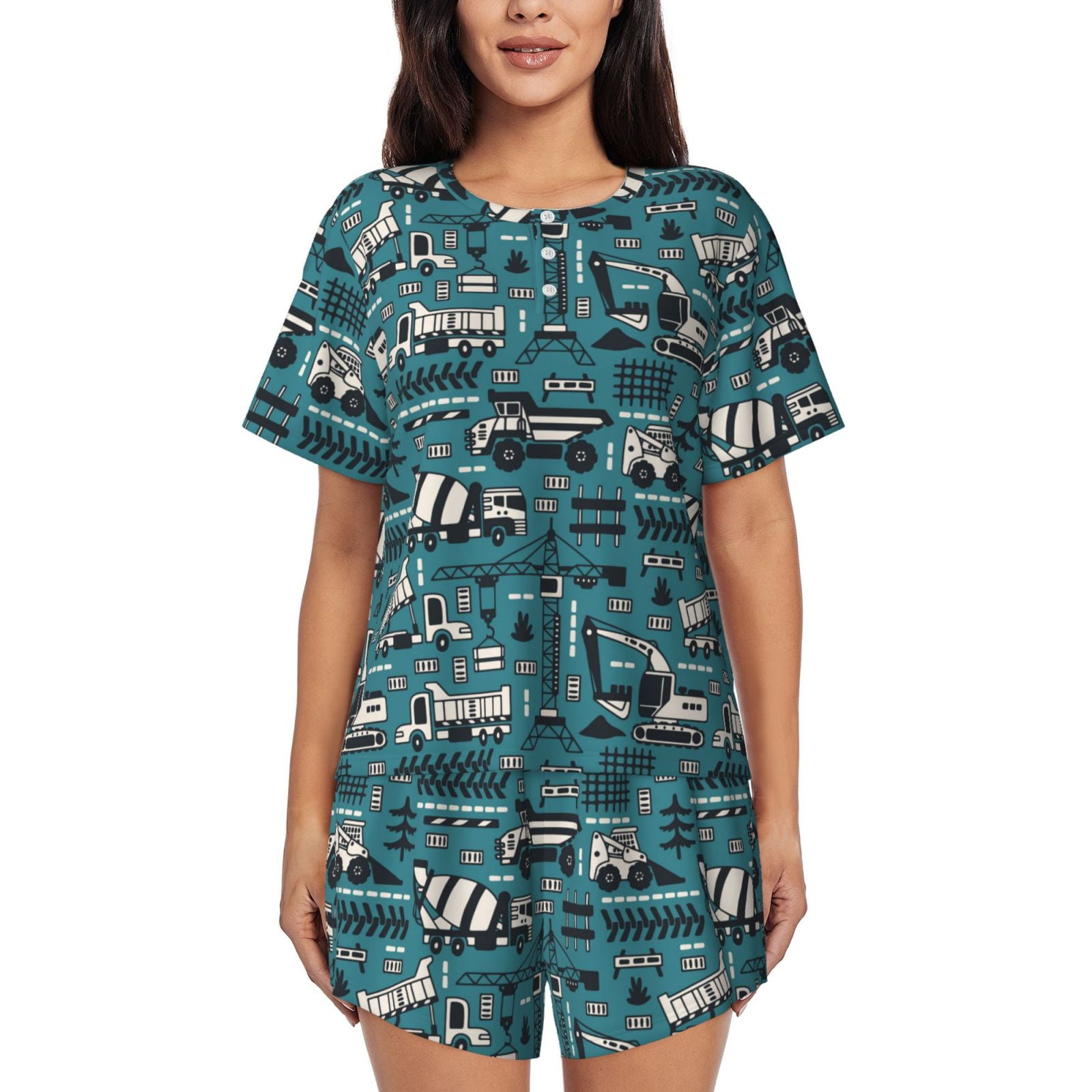Susaid Modern Excavator Print Women's Pajama Set, Button-Up Sleepwear ...